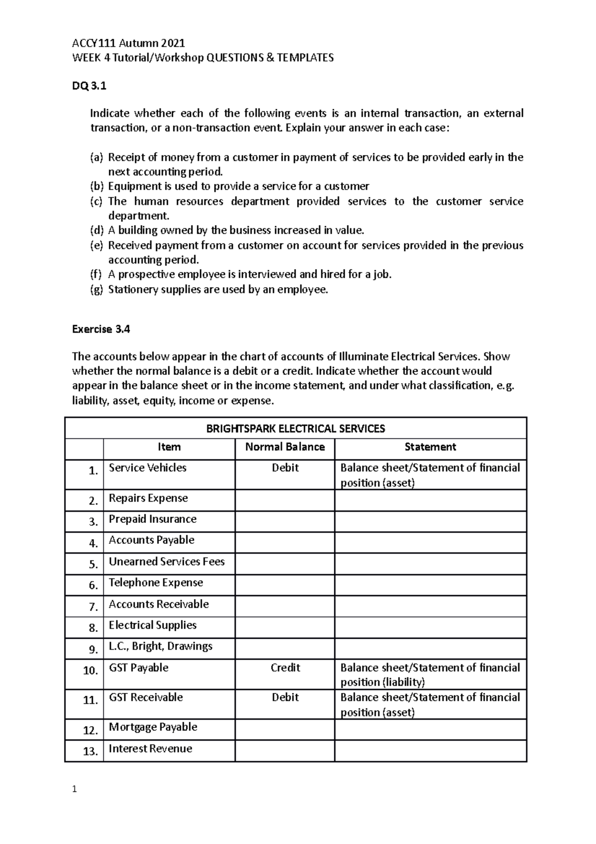 Week 4 tutorial Questions and Templates - WEEK 4 Tutorial/Workshop ...