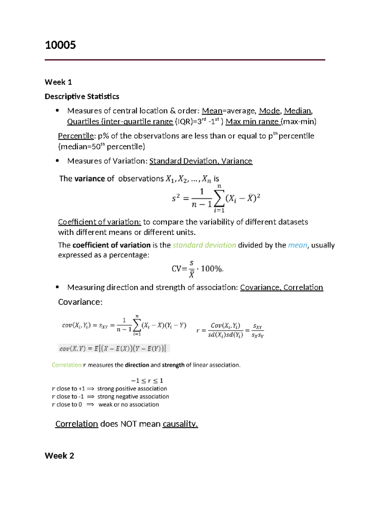 Notes mid term - 10005 Week 1 Descriptive Statistics Measures of ...
