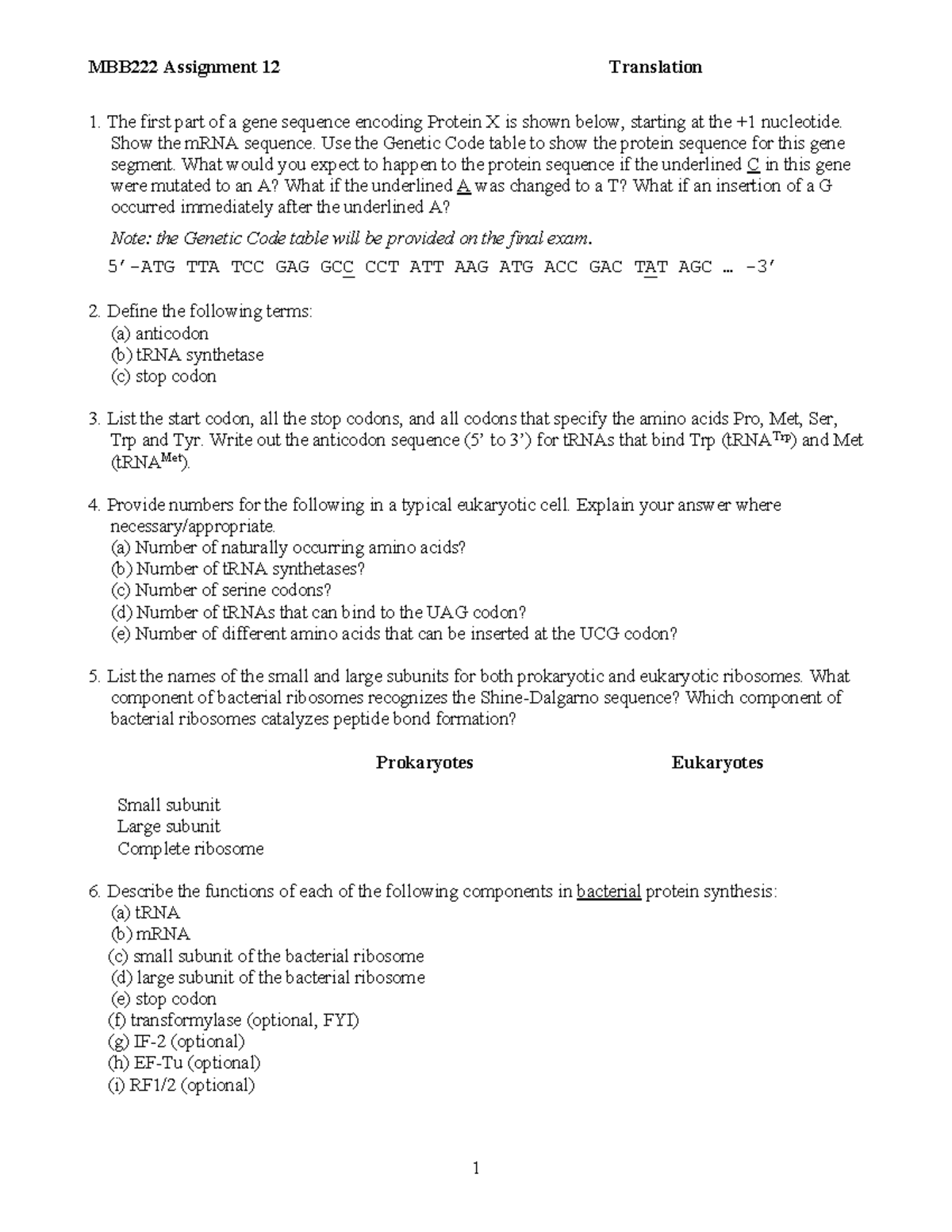 Mbb222assigment 12 - assignment 12 - MBB222 Assignment 12 Translation 1 ...