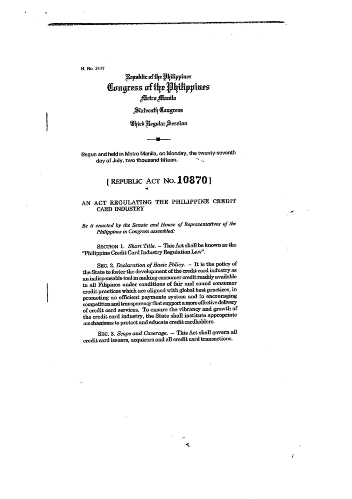 2016 0717 RA 10870 BSA - Laws regard the wellfare of the people - B M P ...