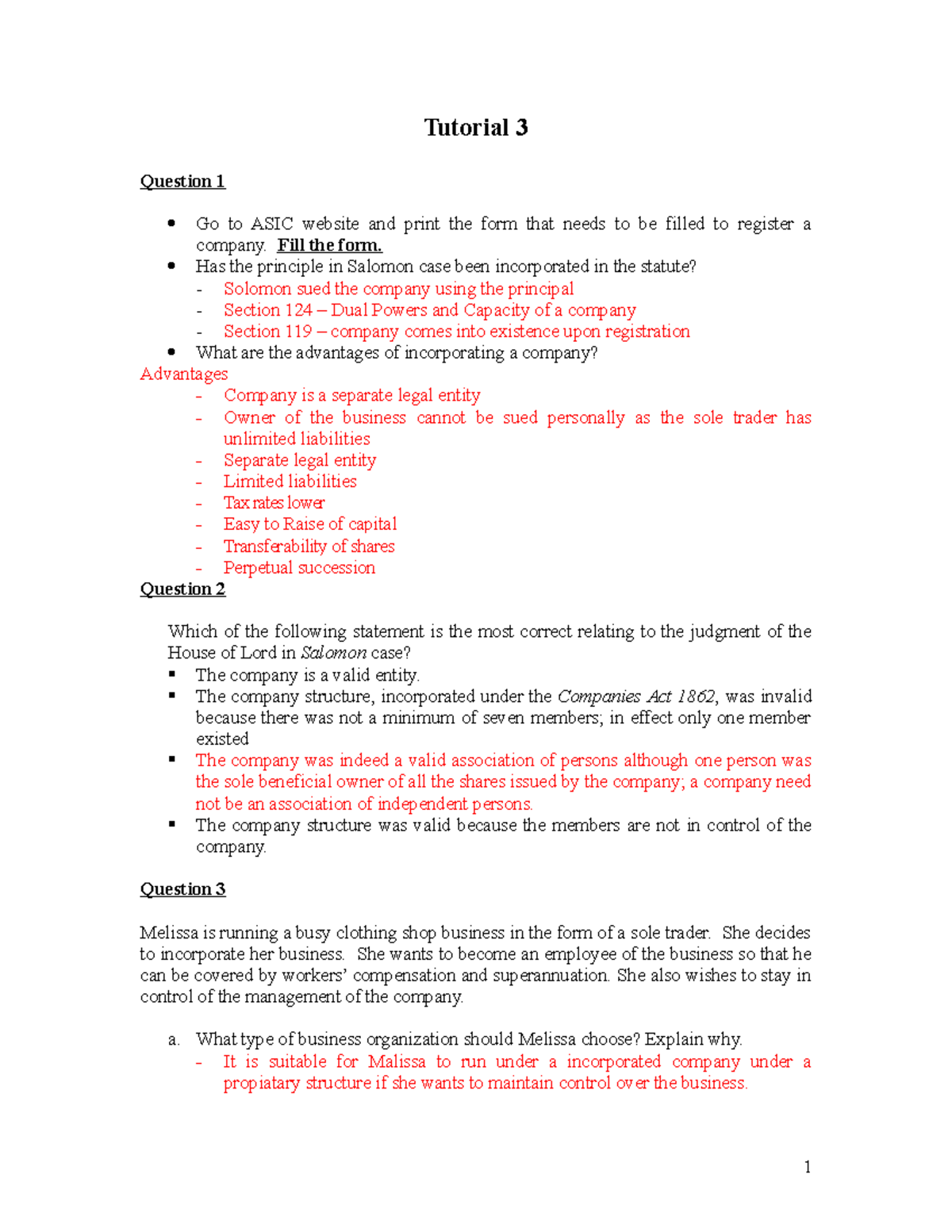 Tutorial 3 week 3 - Tutorial 3 Question 1 Go to ASIC website and print the form that needs to be ...