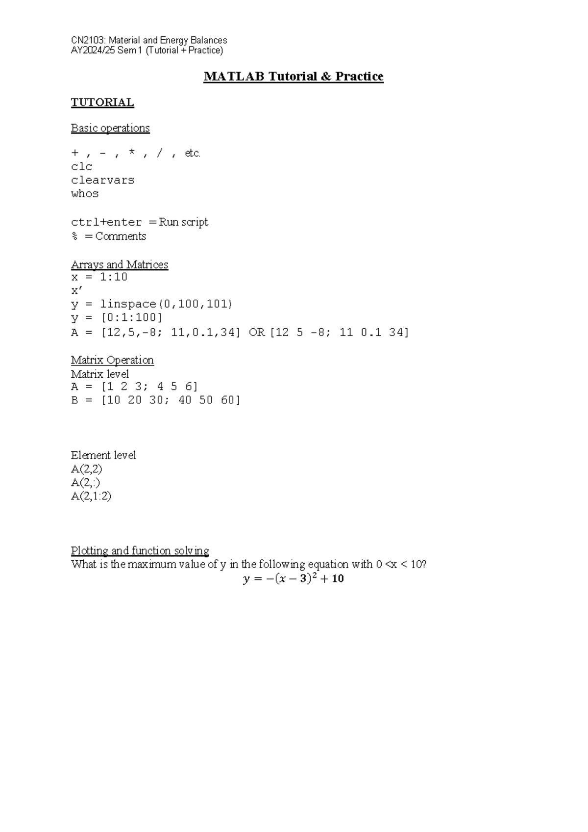 CN2103 Tutorial Week 2 - AY2024/25 Sem 1 (Tutorial + Practice) MATLAB ...