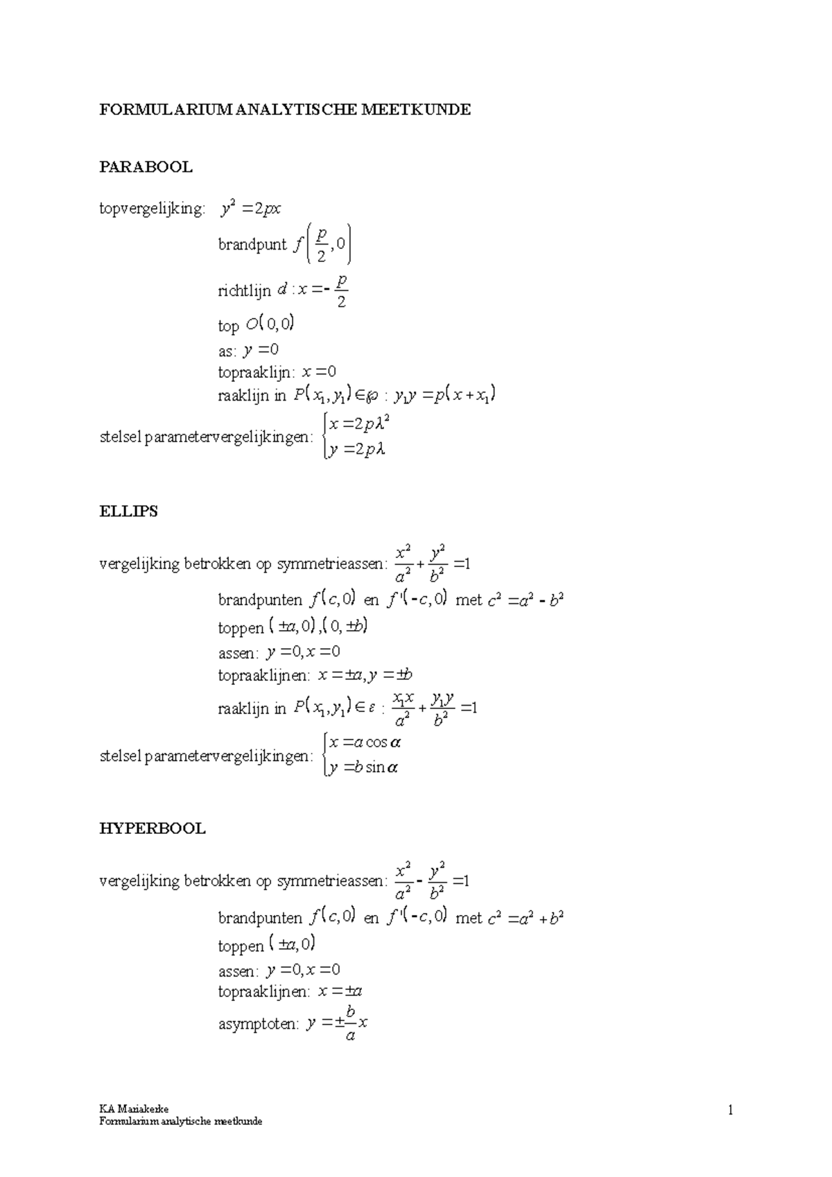 3e graad vlakke analytische meetkunde - FORMULARIUM ANALYTISCHE ...