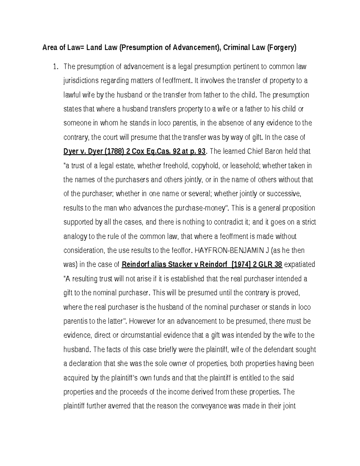 Forgery (Autosaved) - 444 - Area of Law= Land Law (Presumption of ...