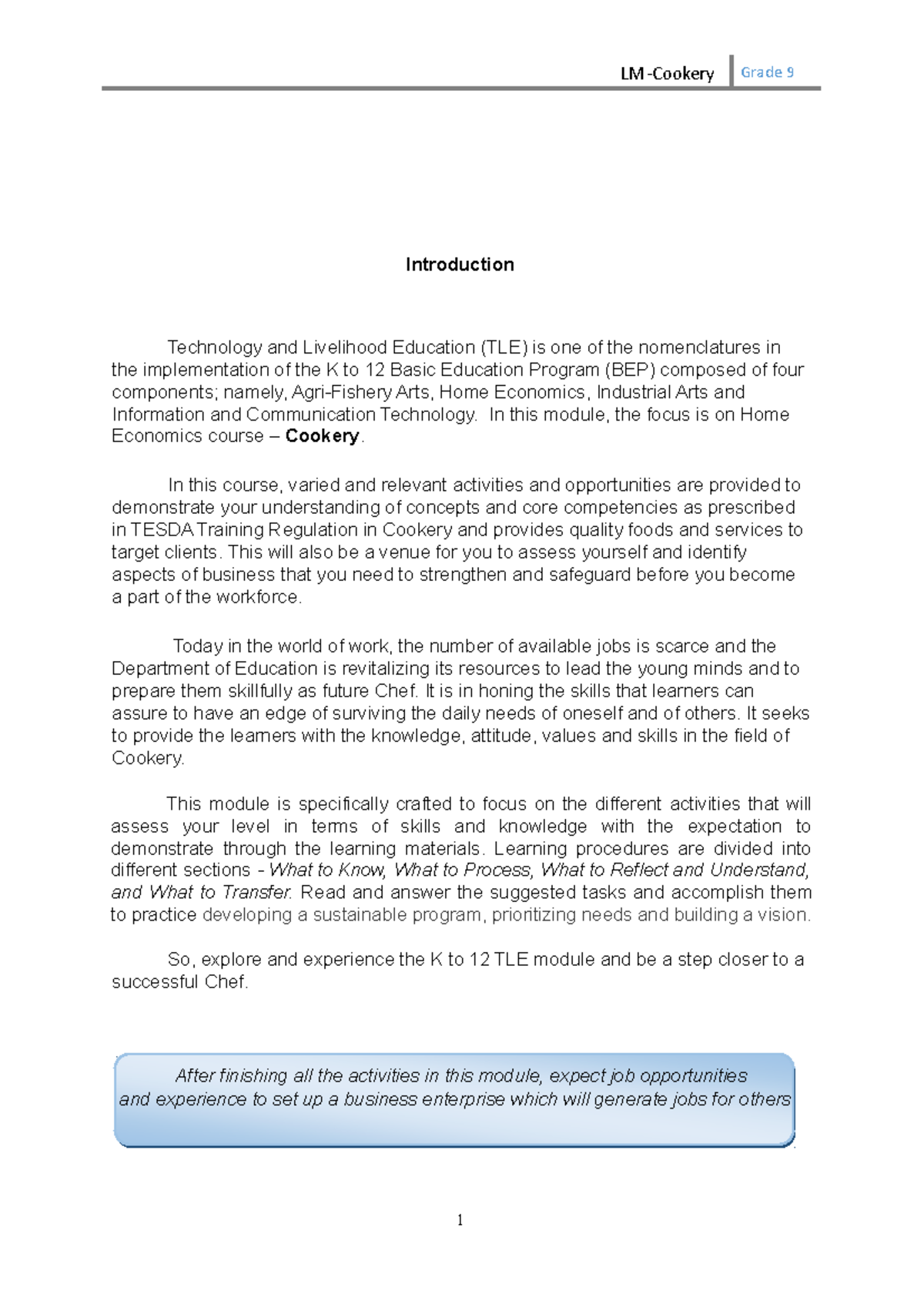 Cookery Module TLE 9 - Introduction Technology and Livelihood Education ...