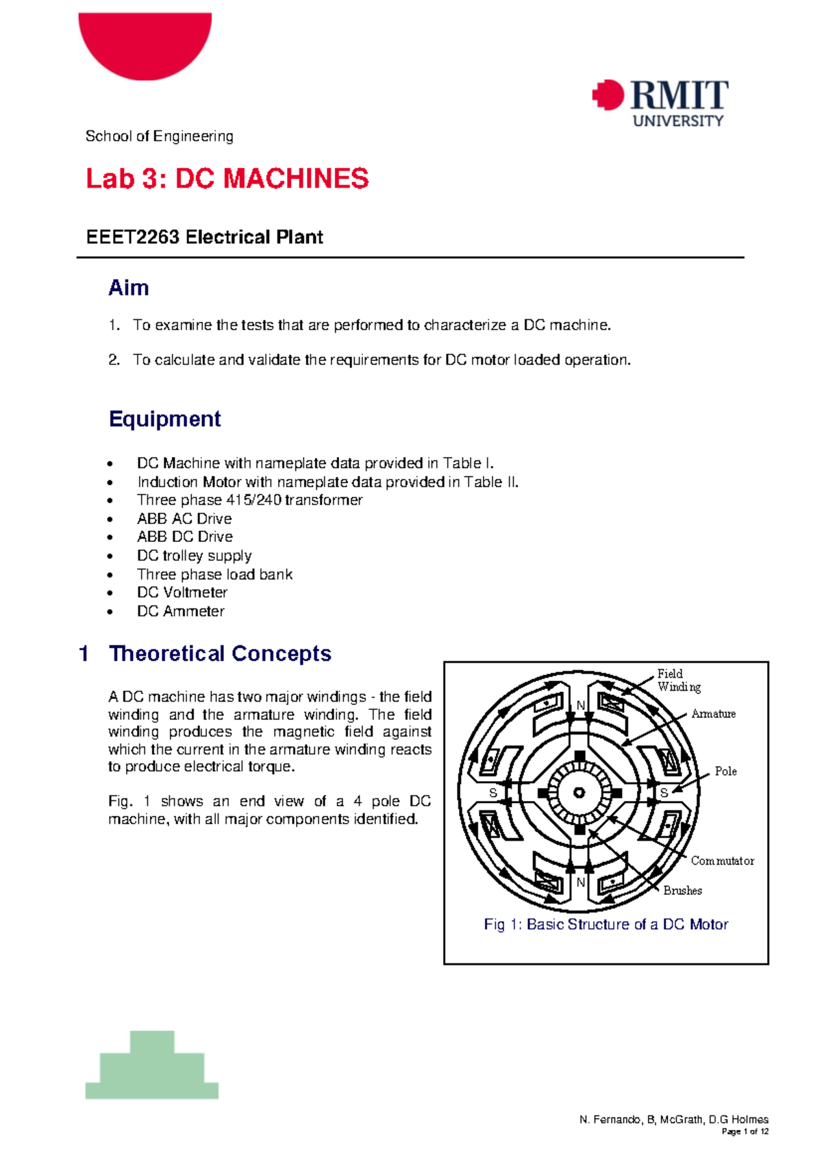 EEET 2263 Lab 3 - DC Machines - N. Fernando, B, McGrath, D Holmes Page 1 of 12 School of ...