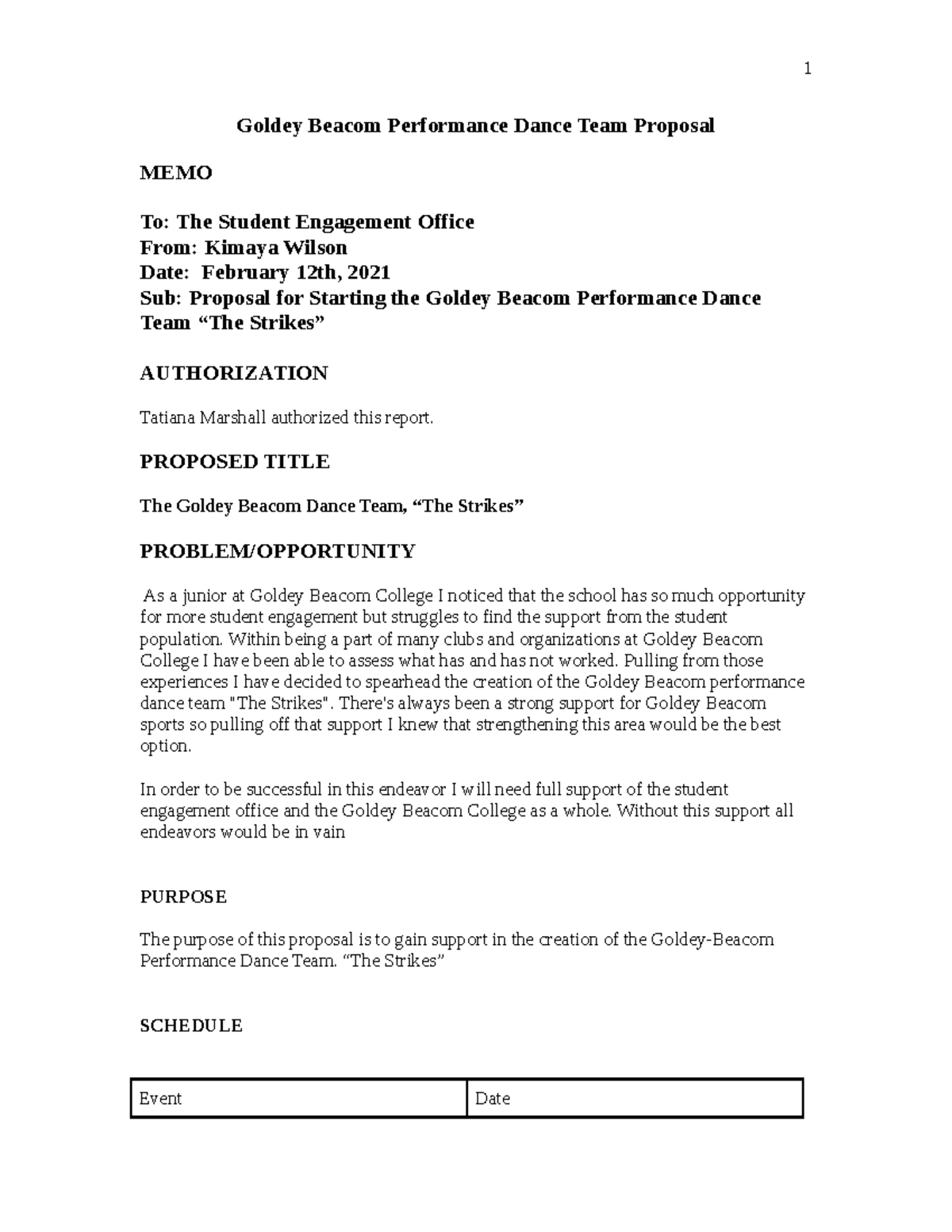 Goldey Beacom Dance team Proposal - 1 Goldey Beacom Performance Dance ...