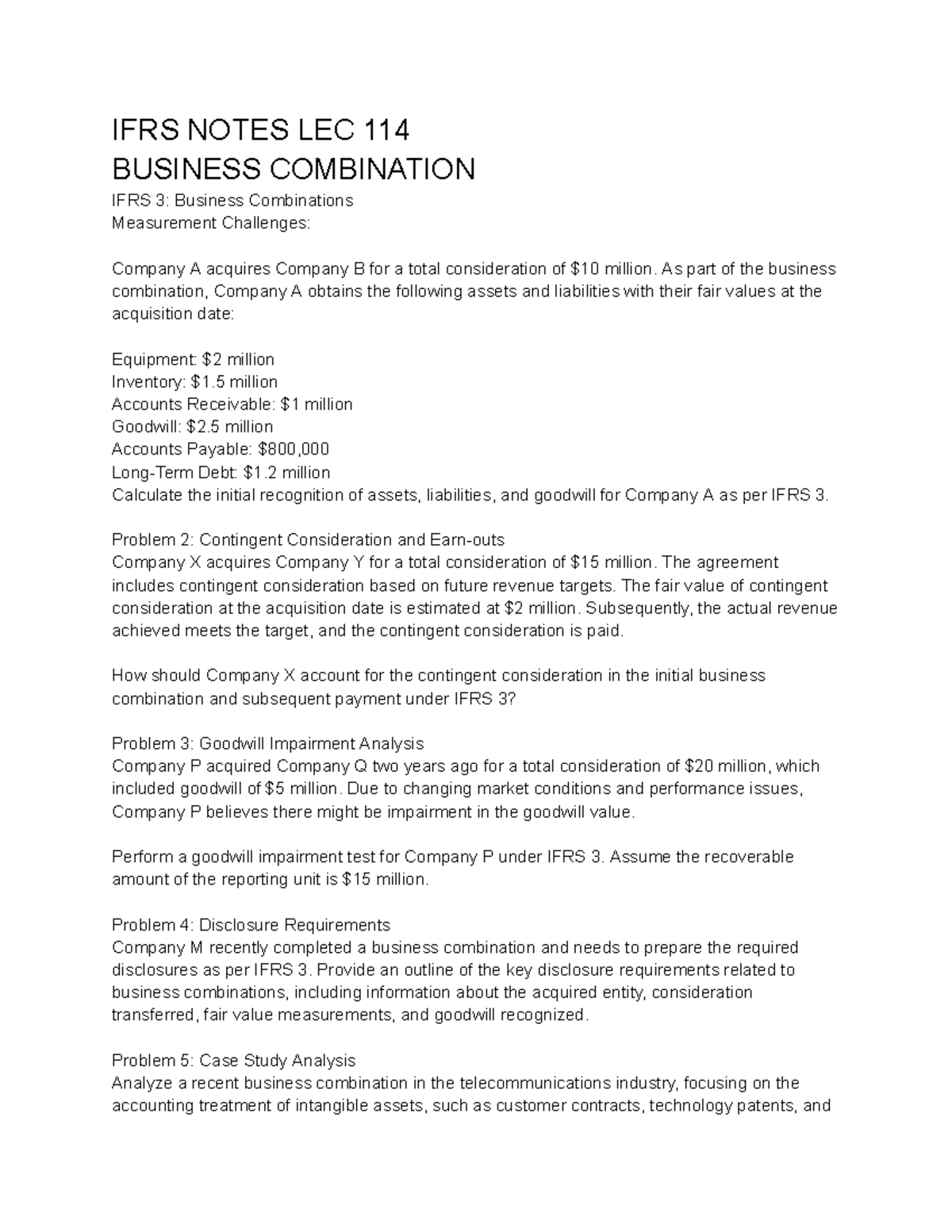 Ifrsnotes 314 - AACC - IFRS NOTES LEC 114 BUSINESS COMBINATION IFRS 3 ...