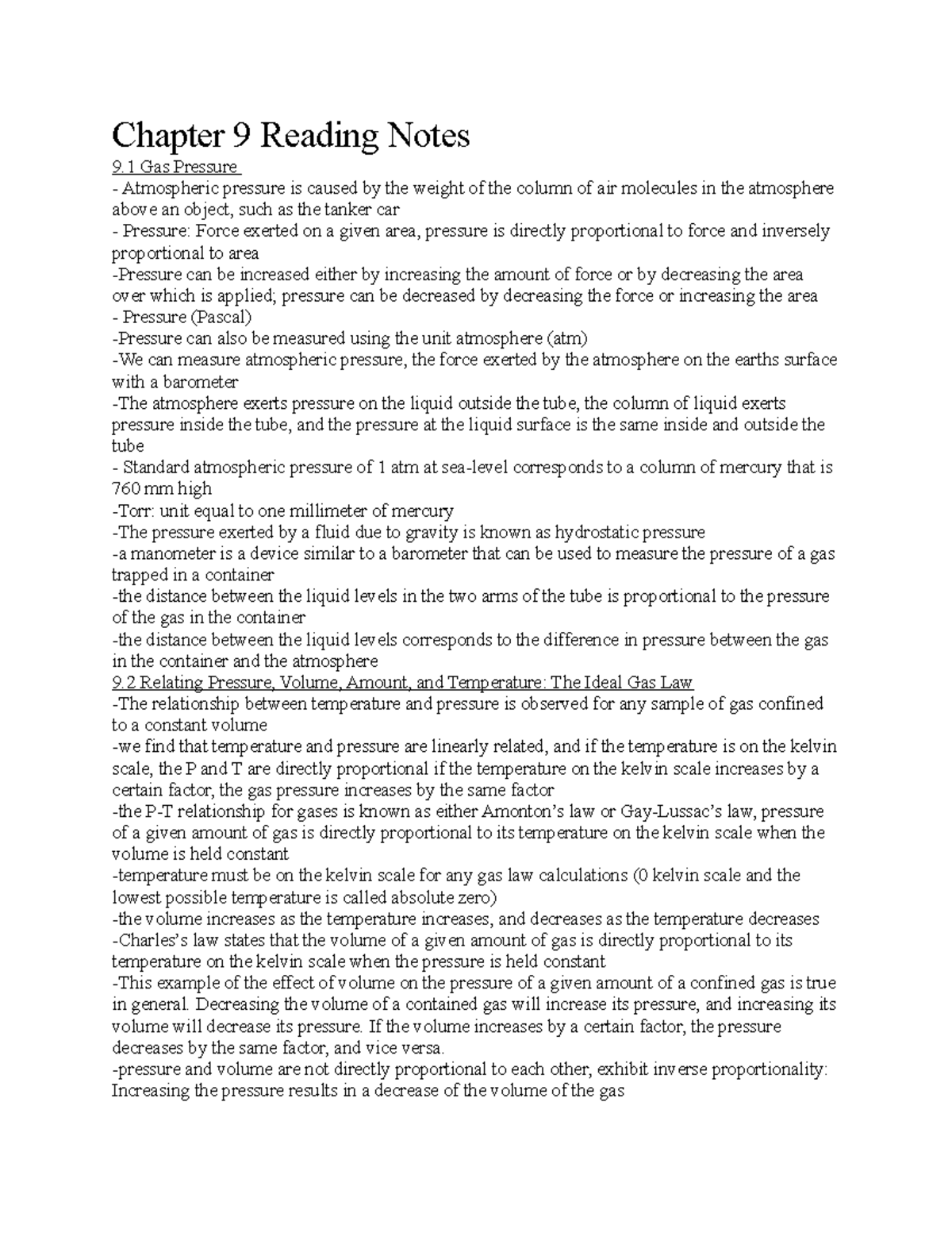 Chapter 9 Reading Notes - Chapter 9 Reading Notes 9 Gas Pressure ...