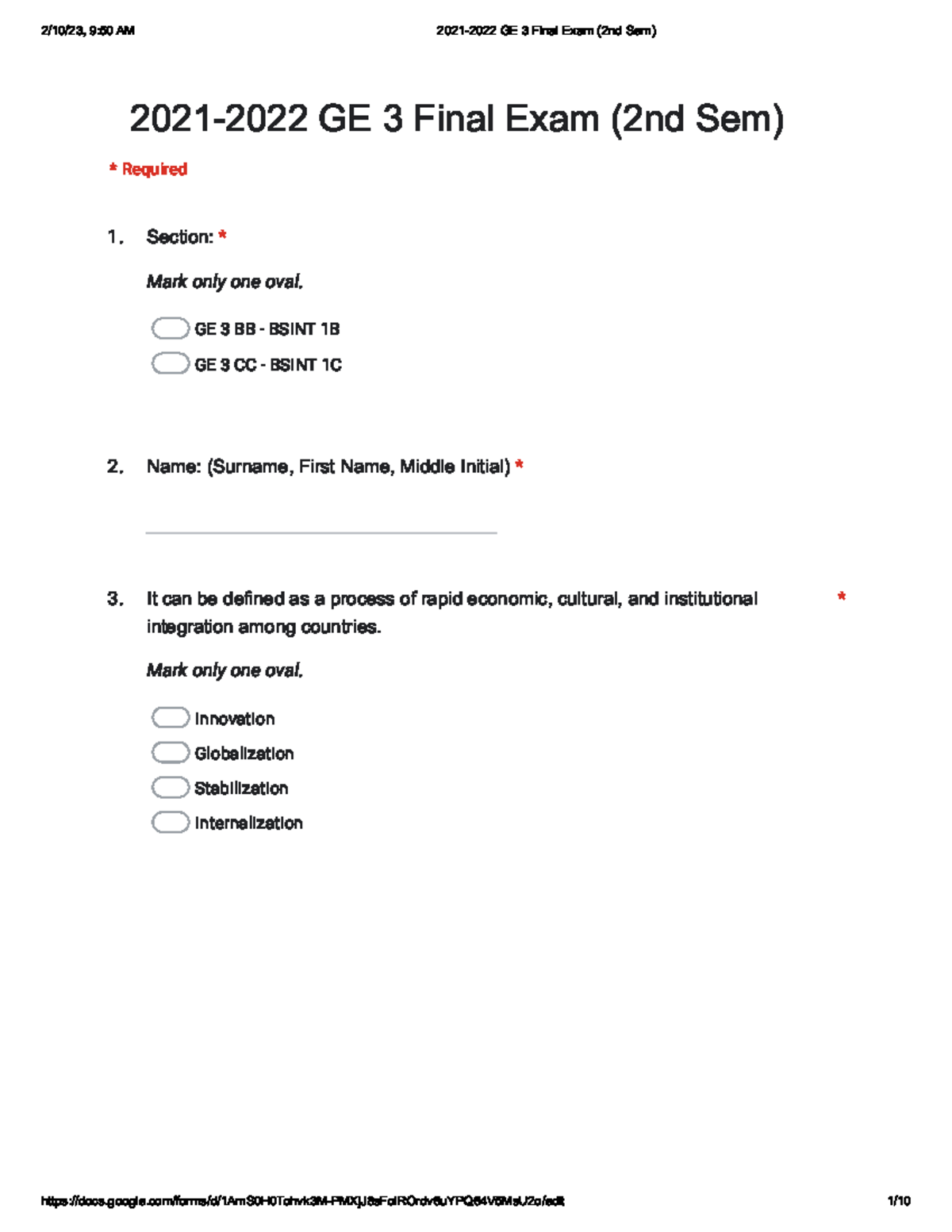 2021-2022 GE 3 Final Exam (2nd Sem) - Google Forms - ! "# # "! $% - Studocu
