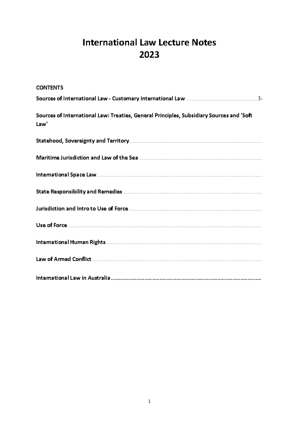 ILlectures - International Law Lecture Notes 2023 CONTENTS Sources of ...