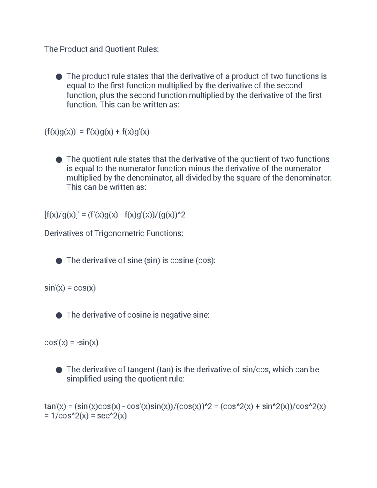 MA 161 Lecture Notes Exam 2 - The Product and Quotient Rules: The ...