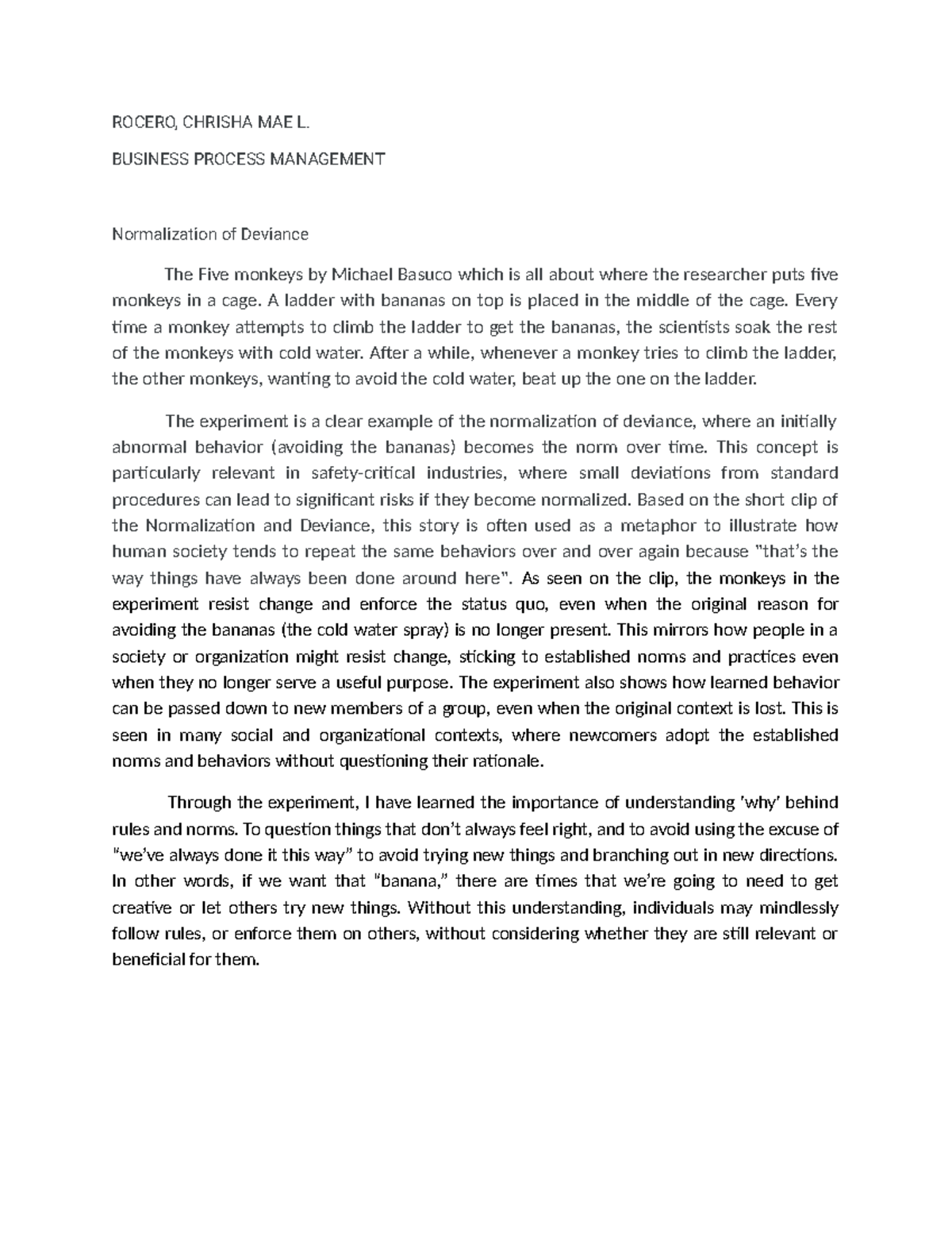 Normalization of Deviance - ROCERO, CHRISHA MAE L. BUSINESS PROCESS ...