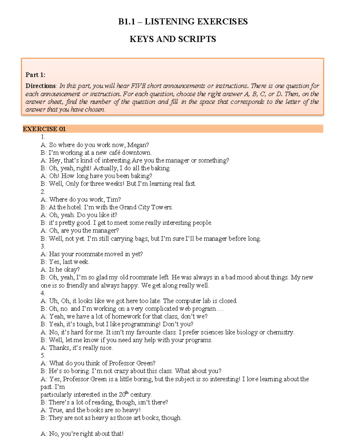 B1.1 - Listening Exercises - KEYS AND Scripts - B1 – LISTENING ...
