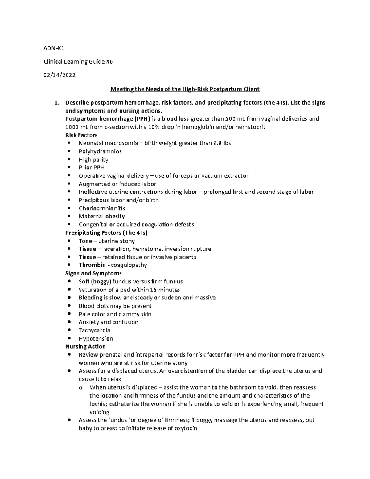 CLG #6 - OB - Clinical learning guide and study guide for exams - ADN-K ...