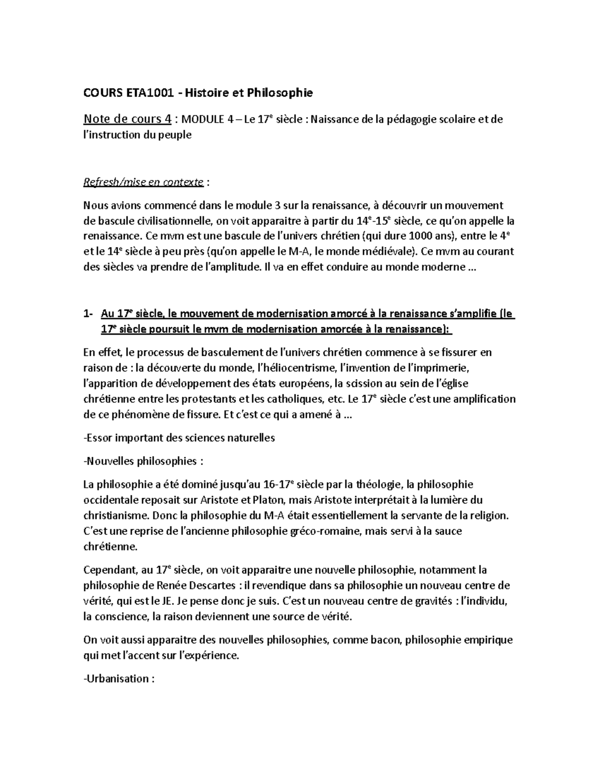 Note de cours 4 - COURS ETA1001 - Histoire et Philosophie Note de cours 4 : MODULE 4 – Le 17e ...