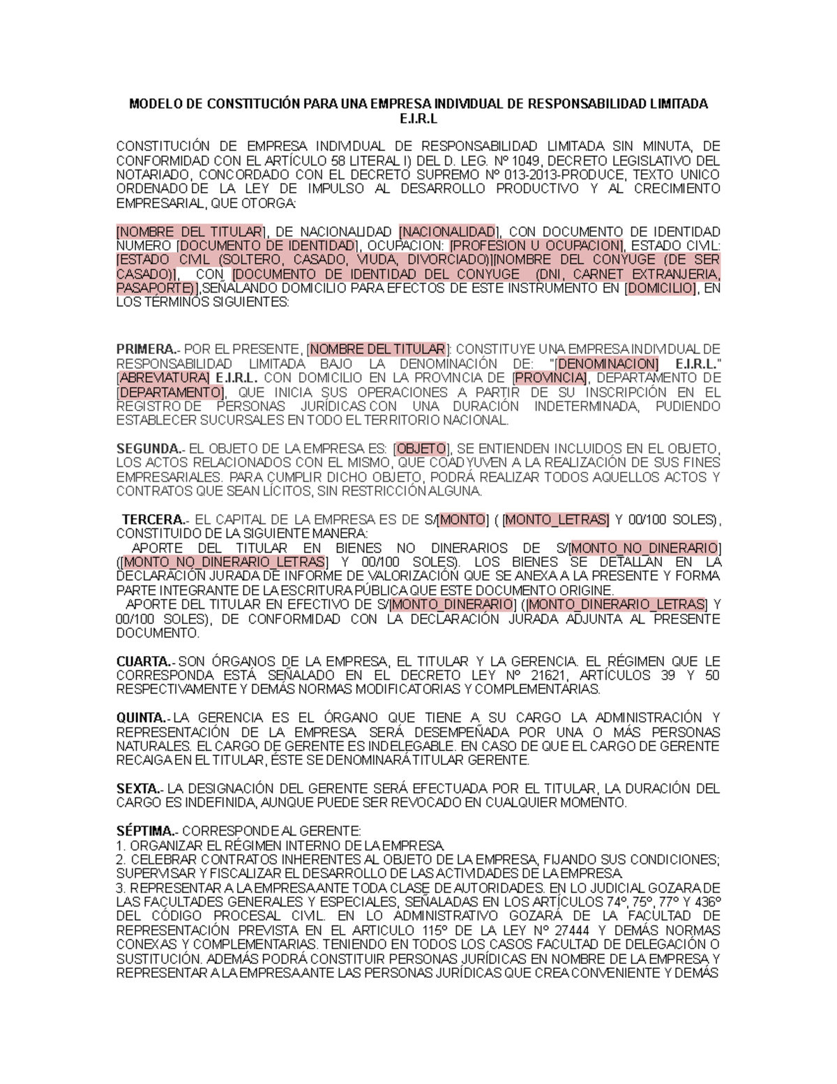 Modelo DE Constitución PARA UNA Empresa Individual DE Responsabilidad Limitada E.I - MODELO DE ...