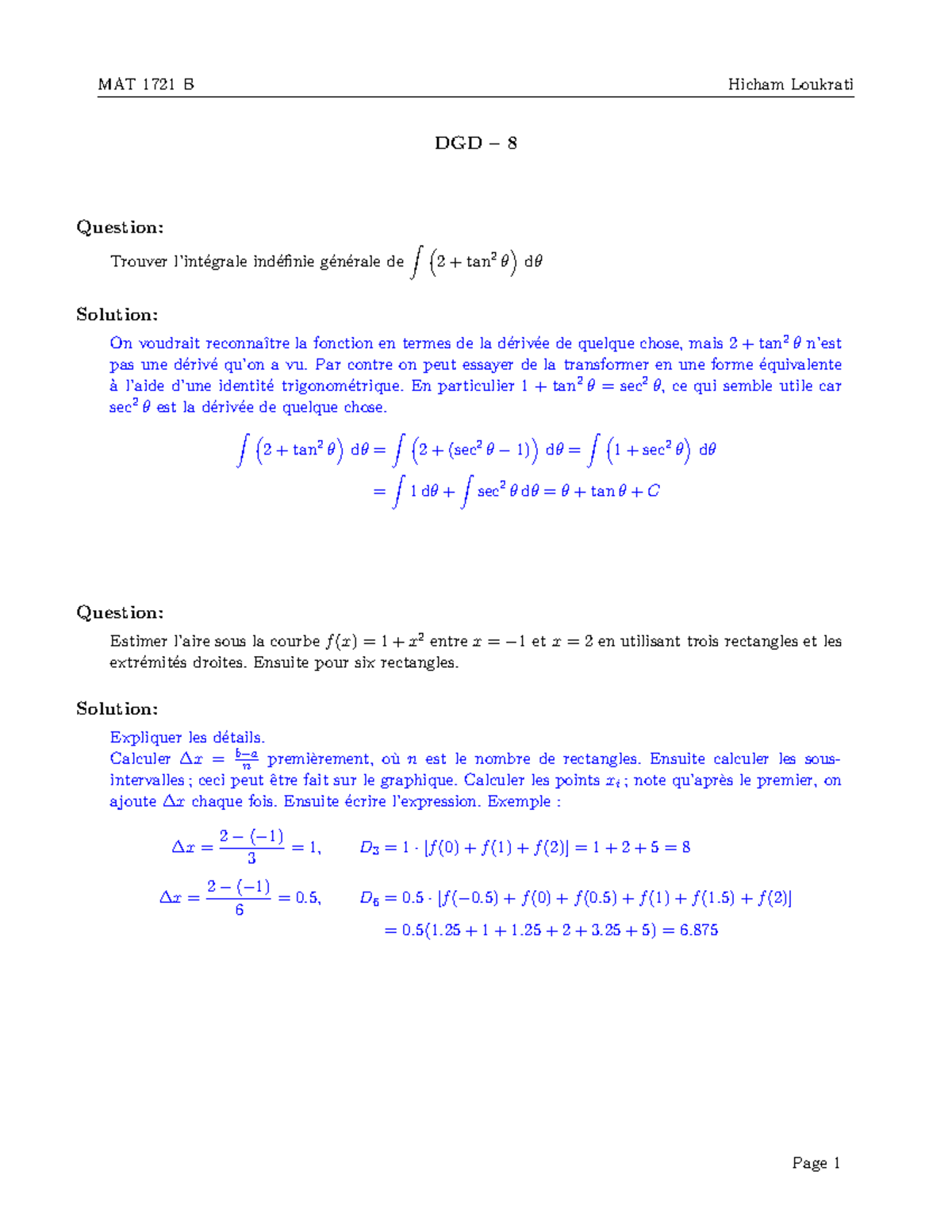 Dgd-8-sol - calcul sur le integrales - DGD – 8 Question: Trouver l ...
