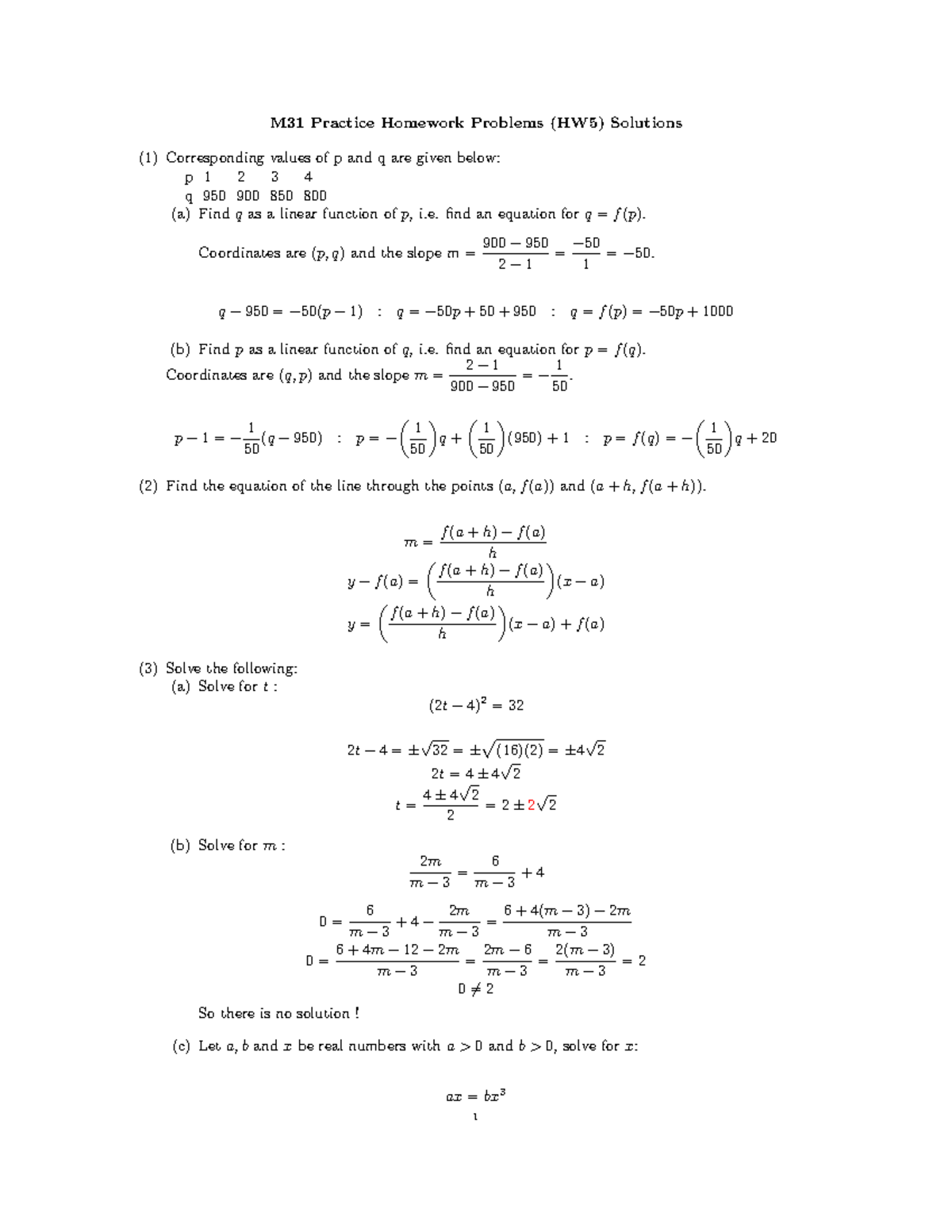 M31 Practice Prob Soln(HW5) - M31 Practice Homework Problems (HW5) Solutions (1) Corresponding ...