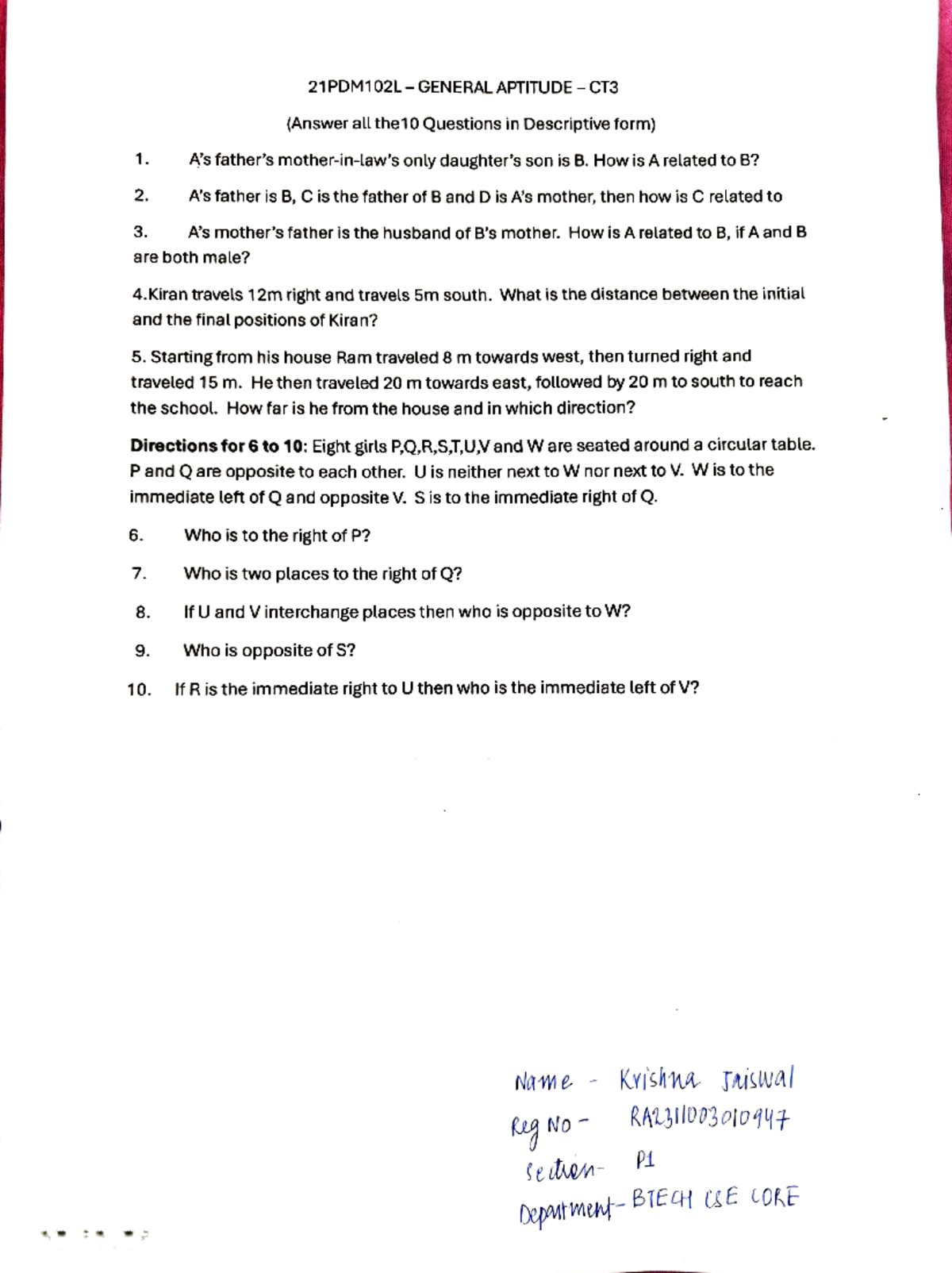 GA CT3(947) - general aptitude assignment - 6 3. A's mother's father is ...