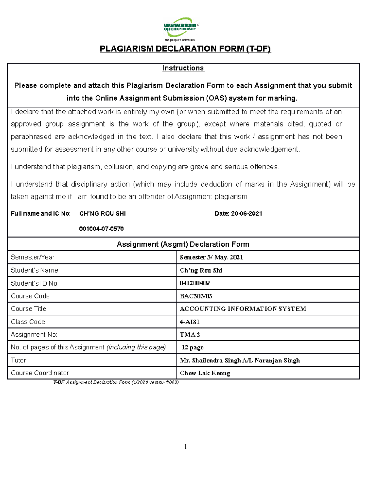 4-AIS1 0412004 09 TMA2 - PLAGIARISM DECLARATION FORM (T-DF ...