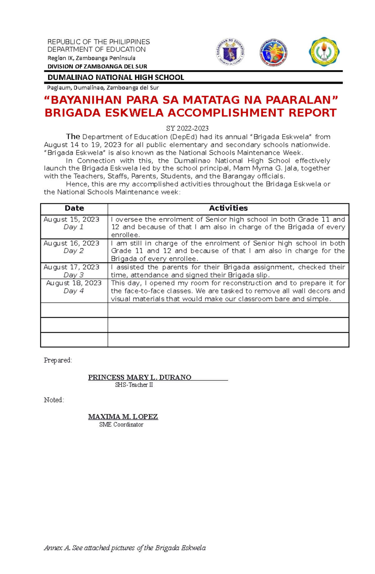 Brigada- Report - REPUBLIC OF THE PHILIPPINES DEPARTMENT OF EDUCATION ...