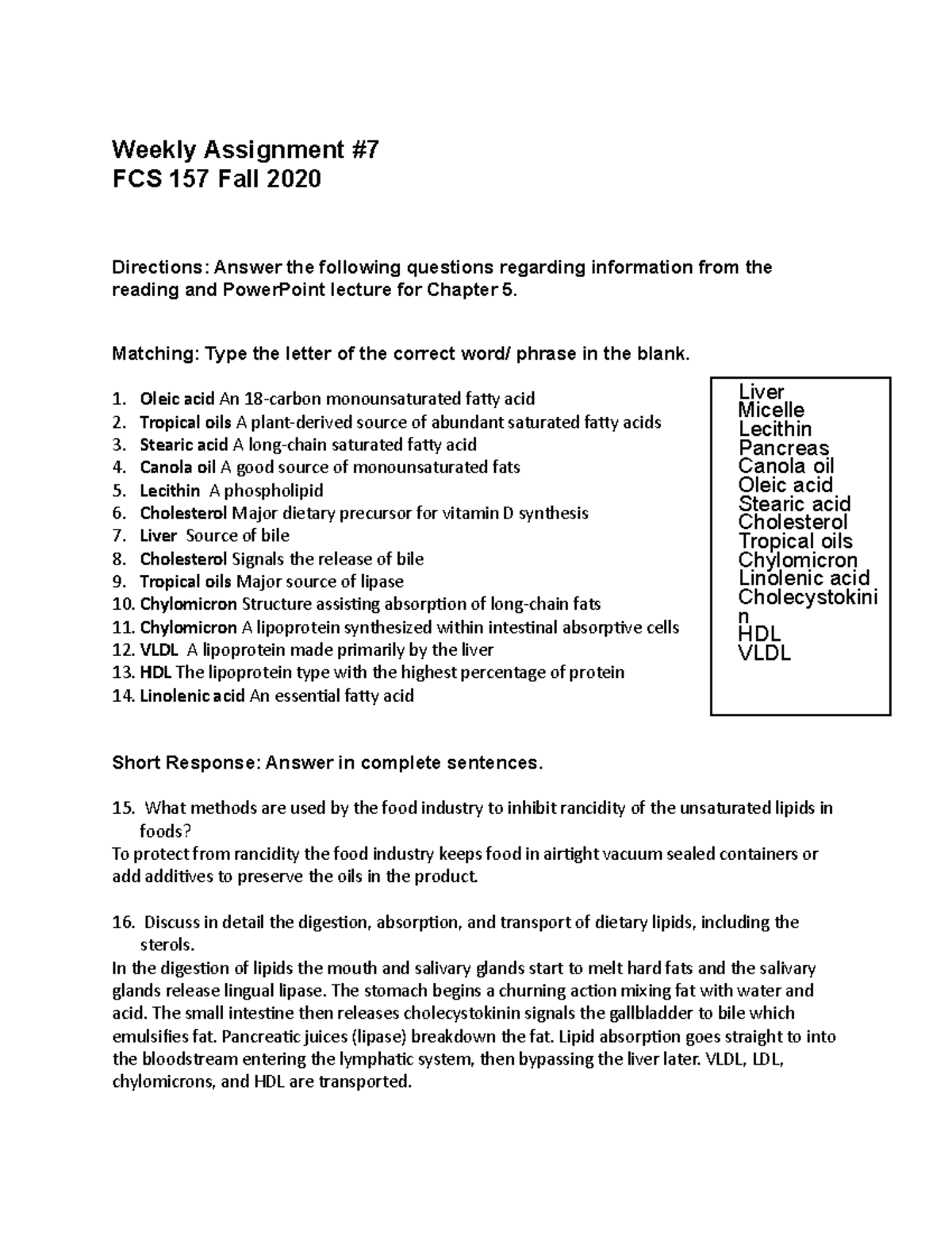 Weekly Assigment #7 Ch 5 - Weekly Assignment FCS 157 Fall 2020 Directions: Answer the following ...
