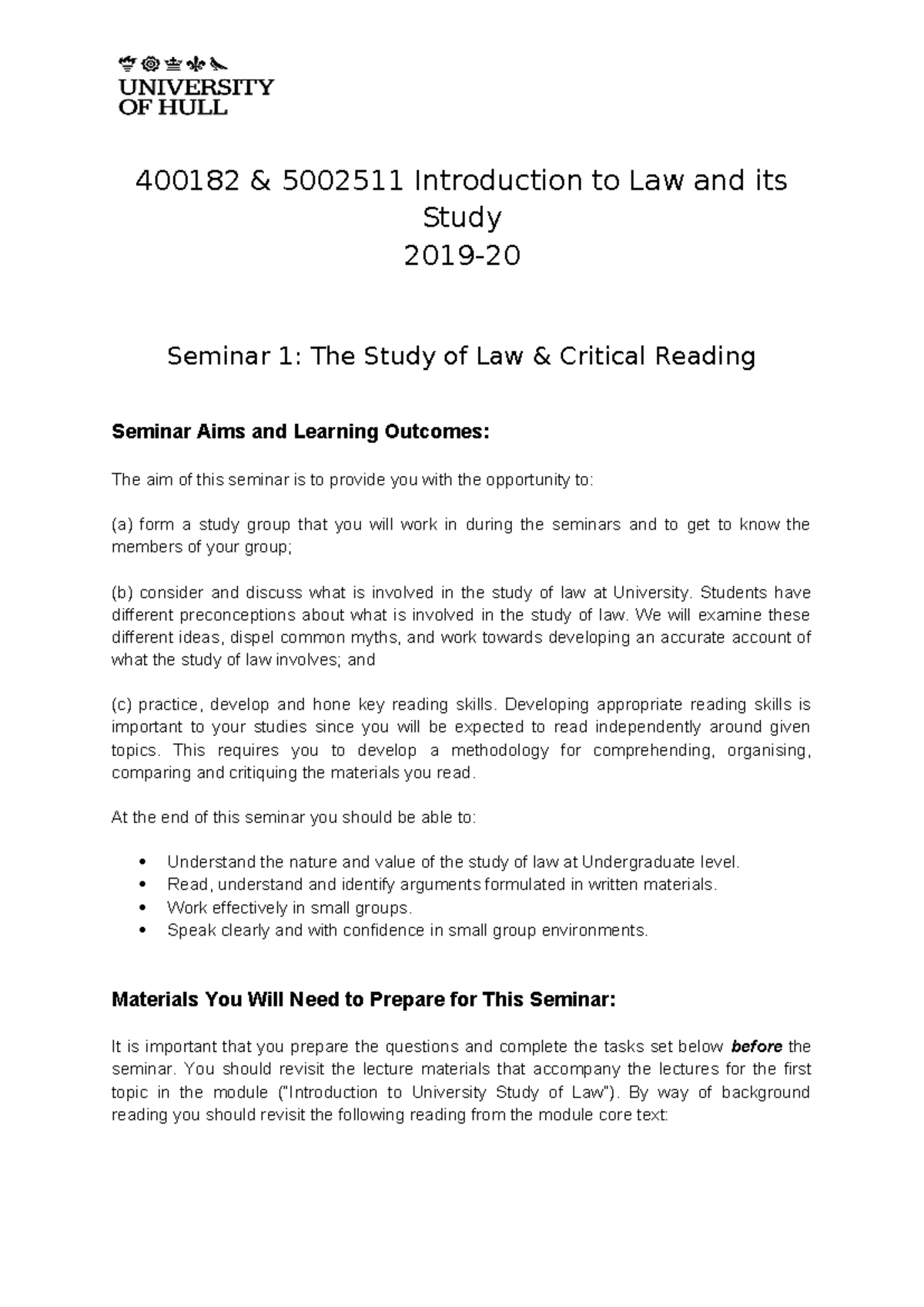 Seminar 1 Activities Sheet - 400182 & 5002511 Introduction to Law and ...