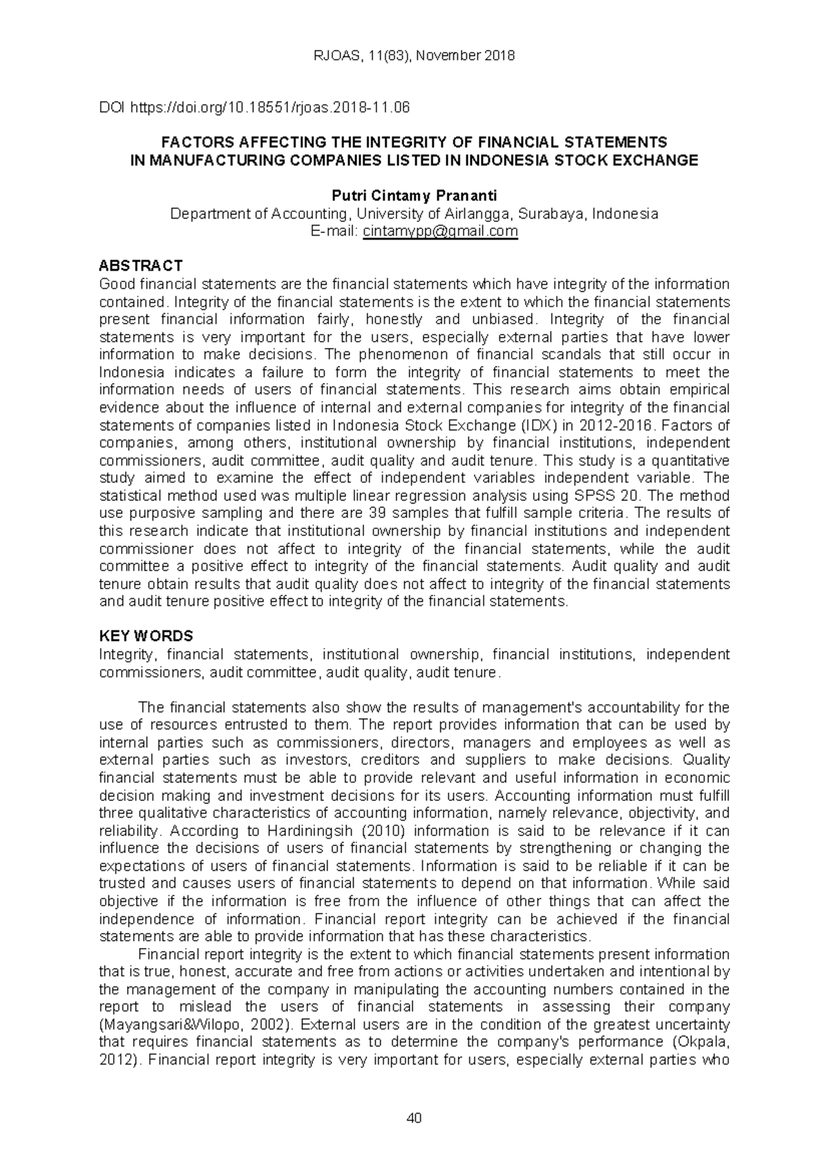 Factors affecting the integrity of financial statements in ...