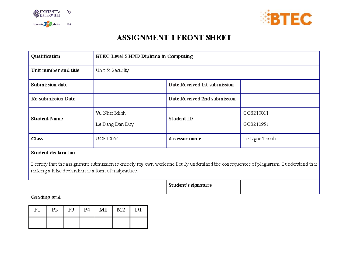 1 Unit 5 - Assignment 1 frontsheet - ASSIGNMENT 1 FRONT SHEET Qualification BTEC Level 5 HND ...