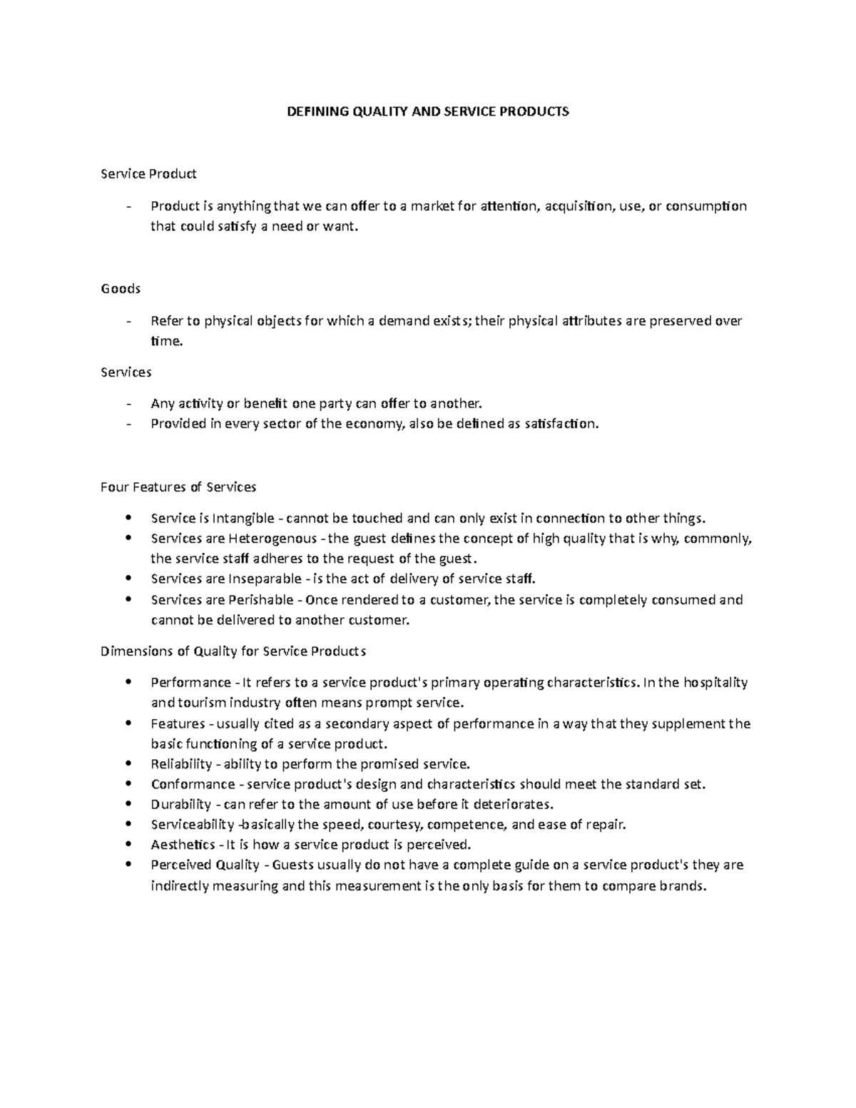 Defining Quality and Service Products - DEFINING QUALITY AND SERVICE ...