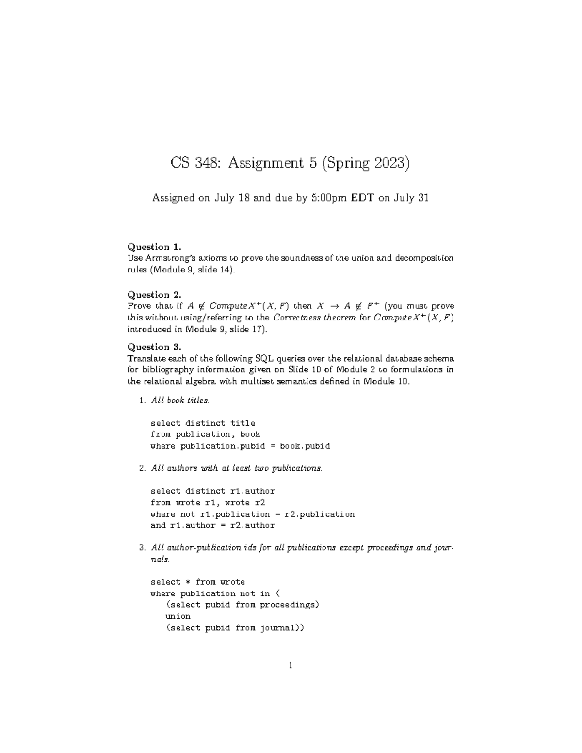 Assignment 5348ee - CS databases. - CS 348: Assignment 5 (Spring 2023) Assigned on July 18 and ...