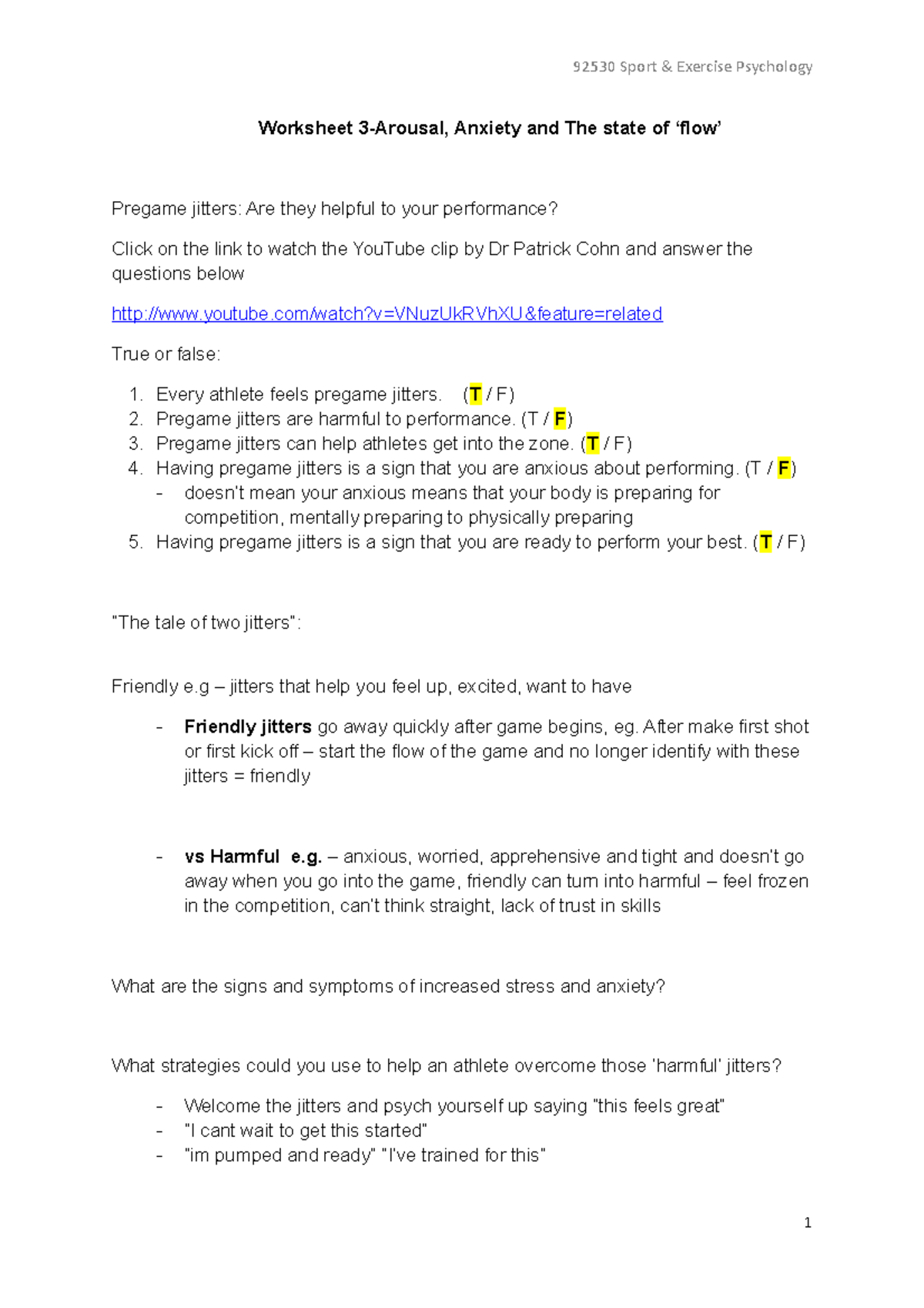 Week 3 - Worksheet - Arousal and Flow - 92530 Sport & Exercise ...