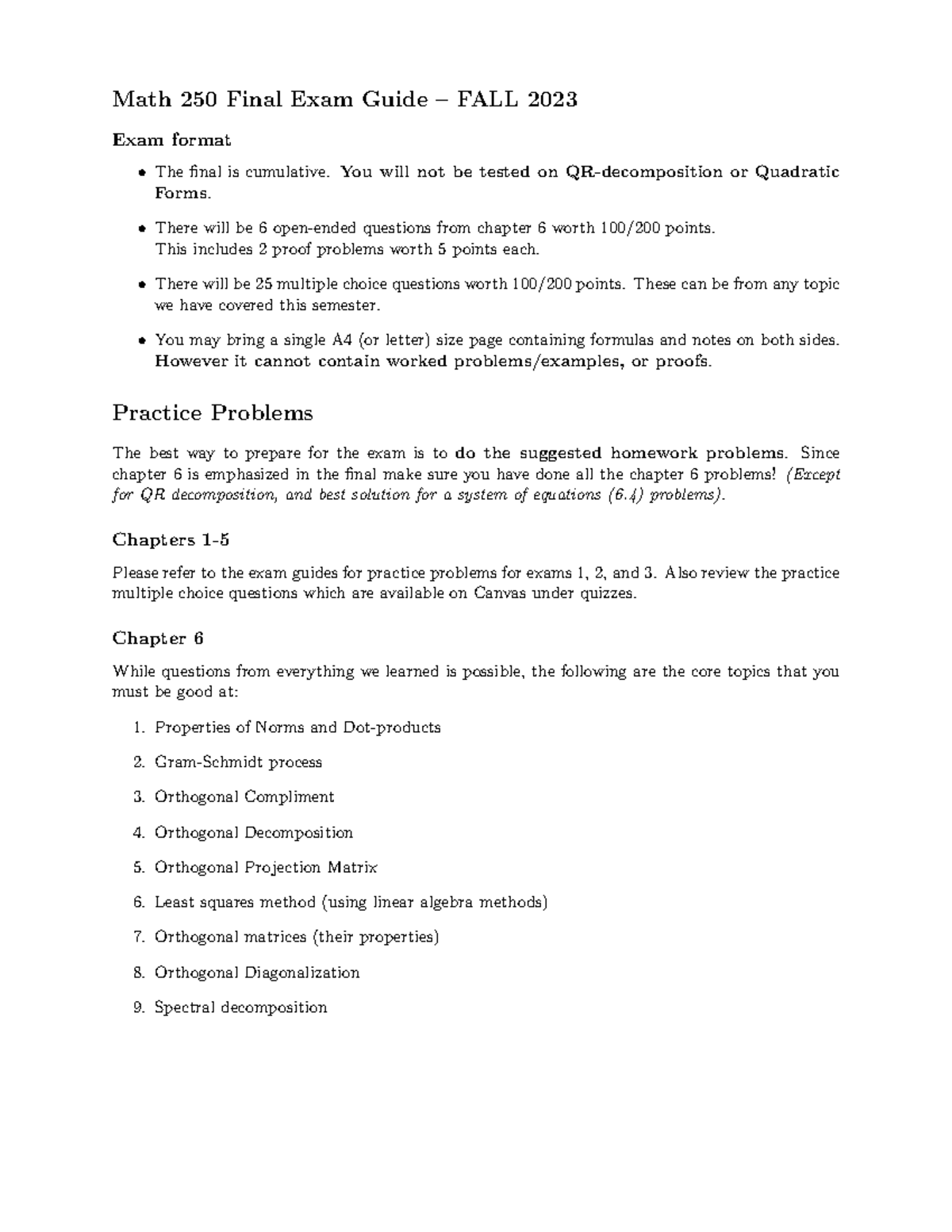 Linear Algebra Final Exam Guide - Fall 2023 - Math 250 Final Exam Guide ...