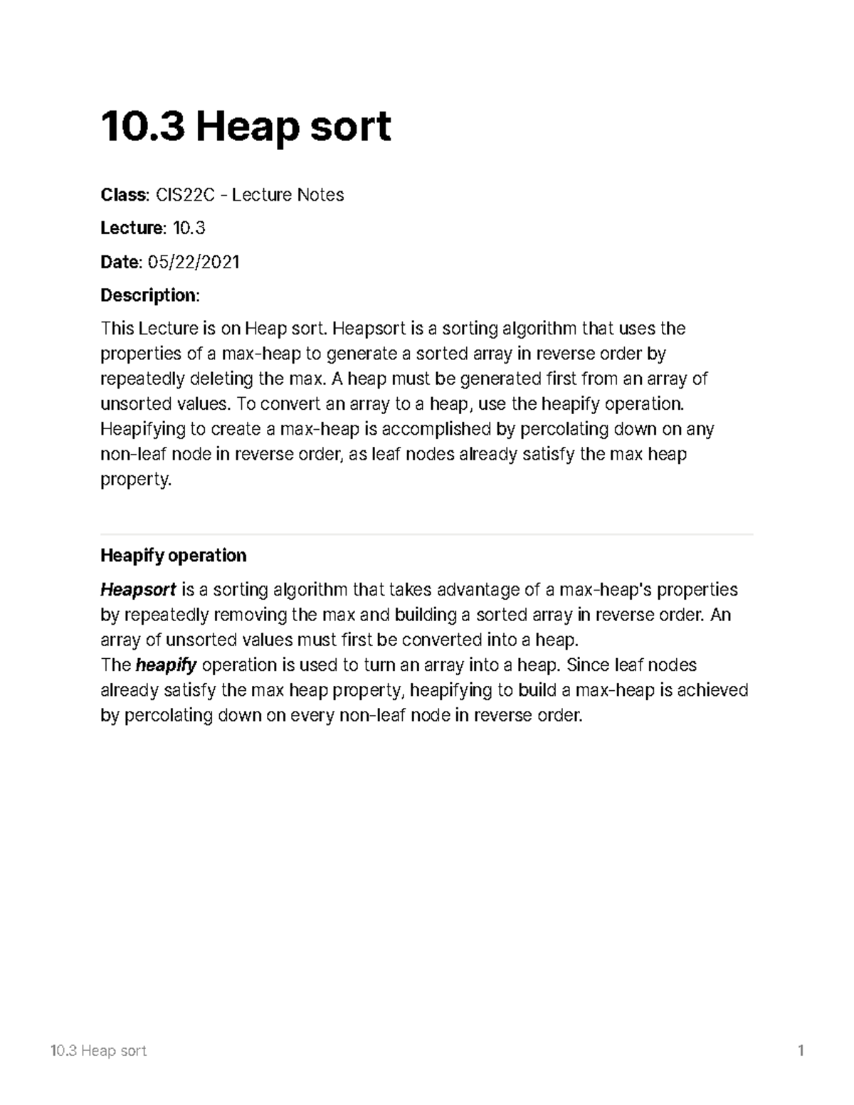 10 3 Heap Sort Lecture Notes 10 Heap Sort Class Cis22c Lecture