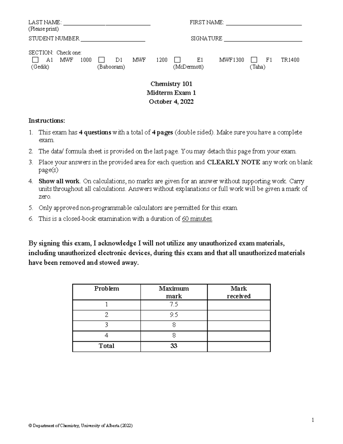 Midterm Exam 1 Key - ####### (Please print) ####### 1 ####### STUDENT NUMBER ...