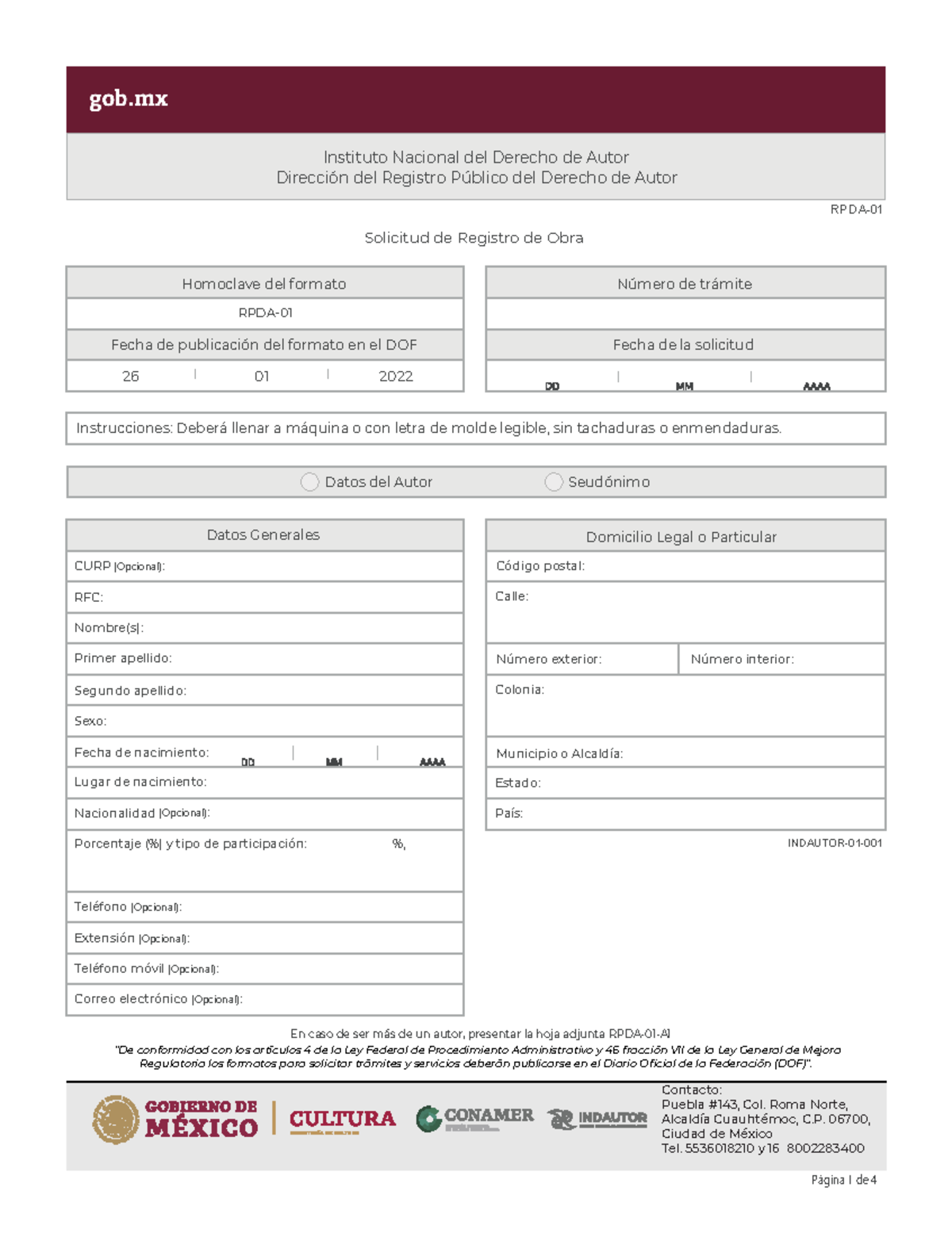 Solicitud indautor - RPDA- En caso de ser más de un autor, presentar la ...