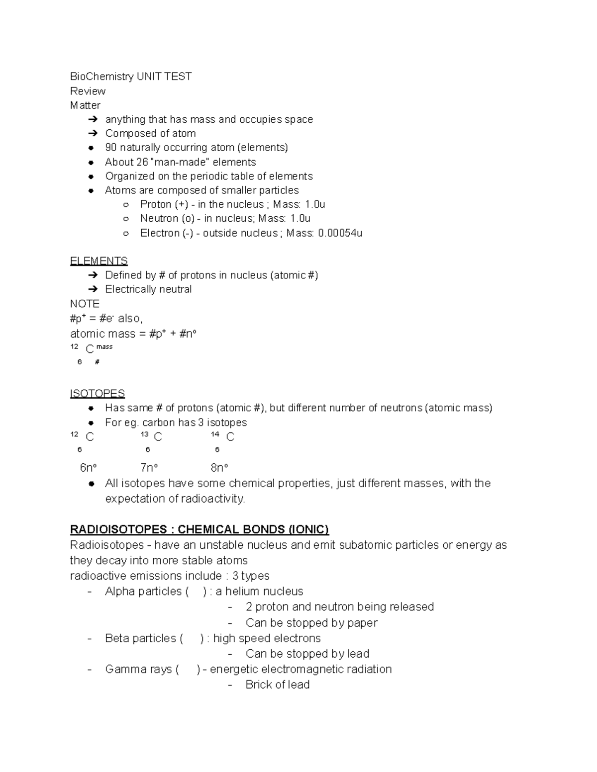 Bio Chemistry UNIT TEST - BioChemistry UNIT TEST Review Matter anything ...
