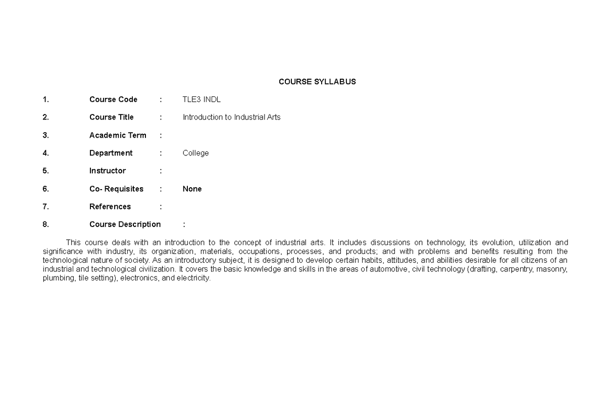 Intro TO Industrial ARTS Course Syllabus - Copy - COURSE SYLLABUS ...