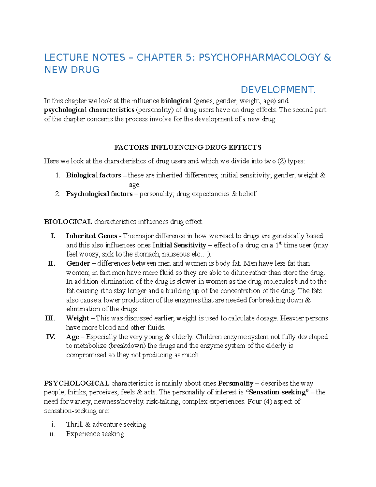 Chapter 5 - Drug and behavior lecture notes. - LECTURE NOTES – CHAPTER ...