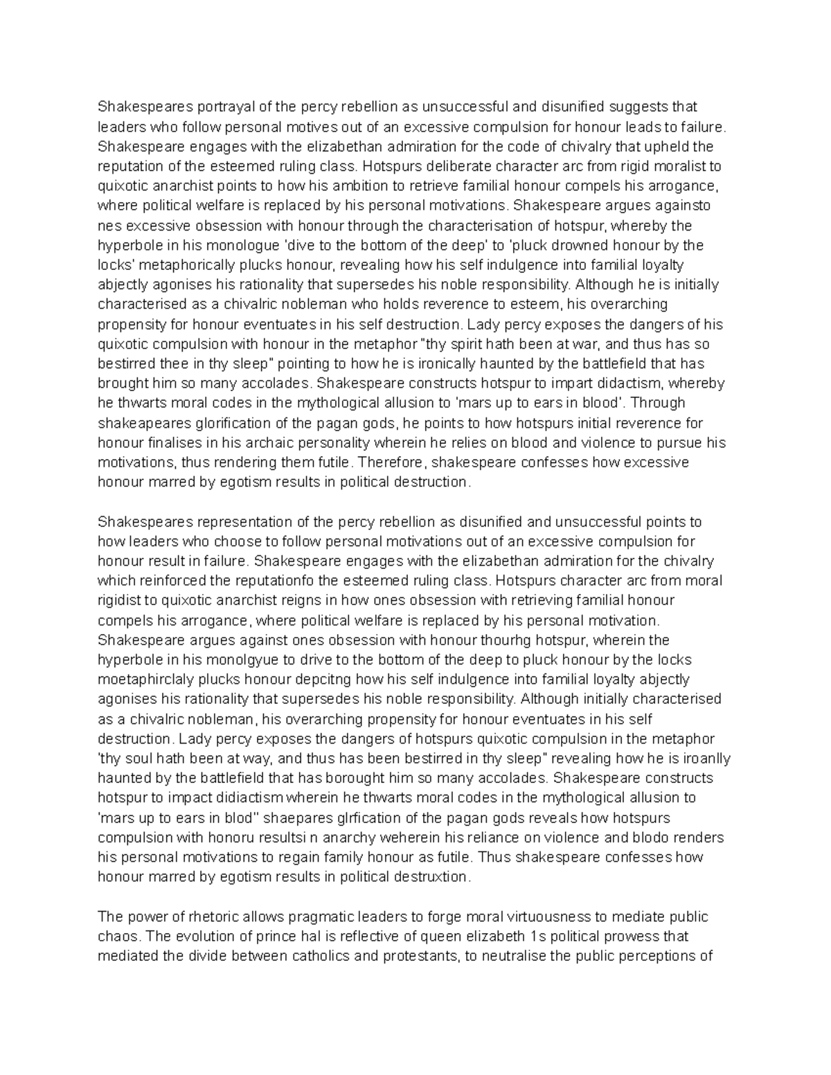 Mod b - shakespeare - Shakespeares portrayal of the percy rebellion as ...