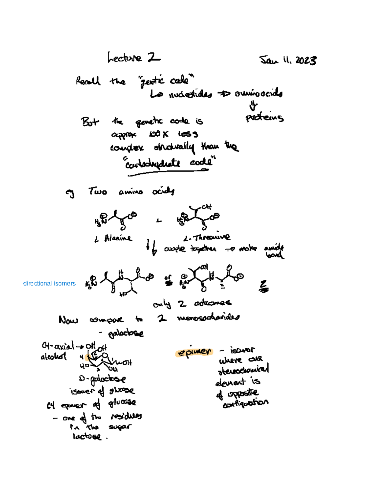 Lec 2 - lecture note - Lecture 2 Jan 4 Recall the genetic code ...