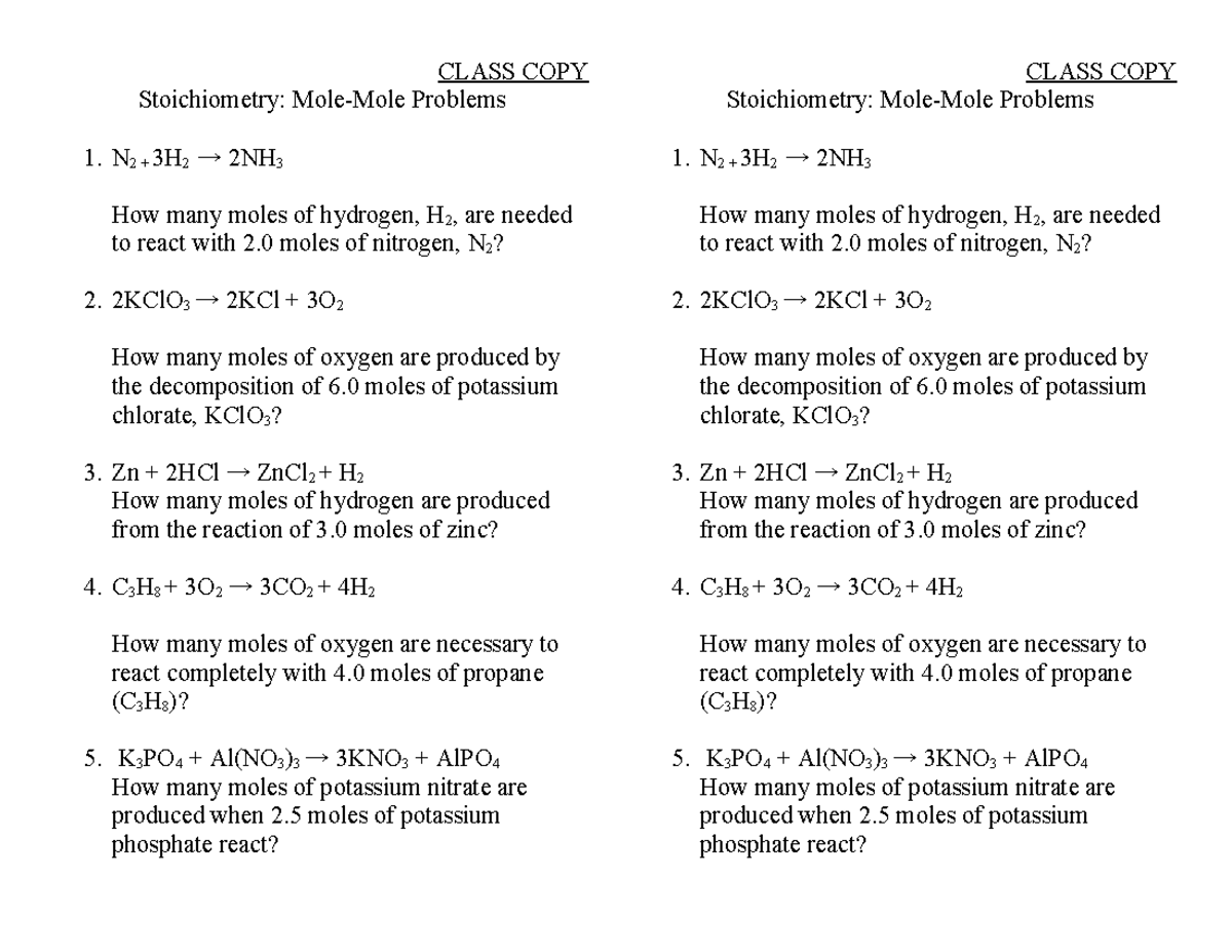 Stoichiometry -mole to mole - CLASS COPY Stoichiometry: Mole-Mole ...