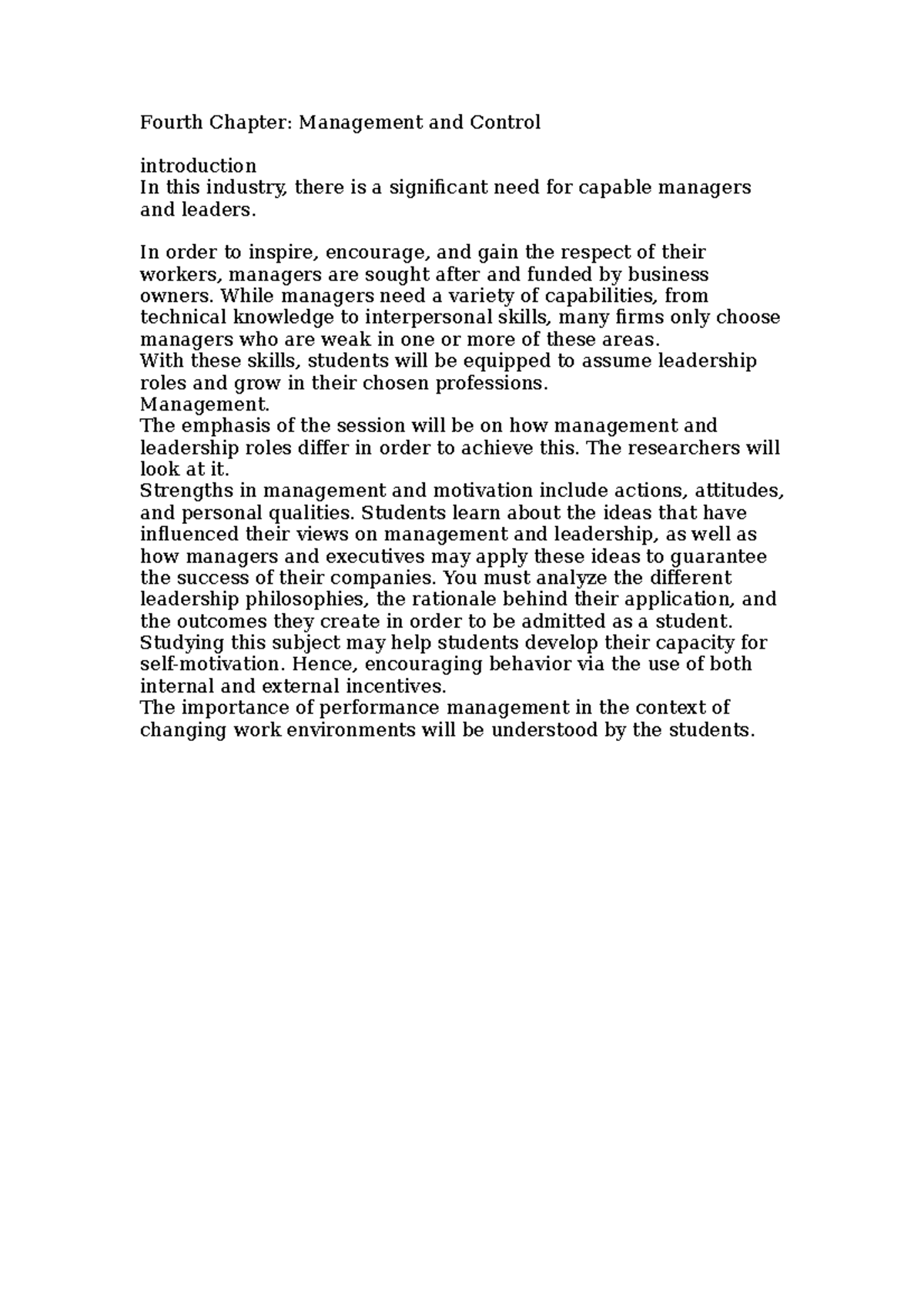 9 - notes - Fourth Chapter: Management and Control introduction In this ...