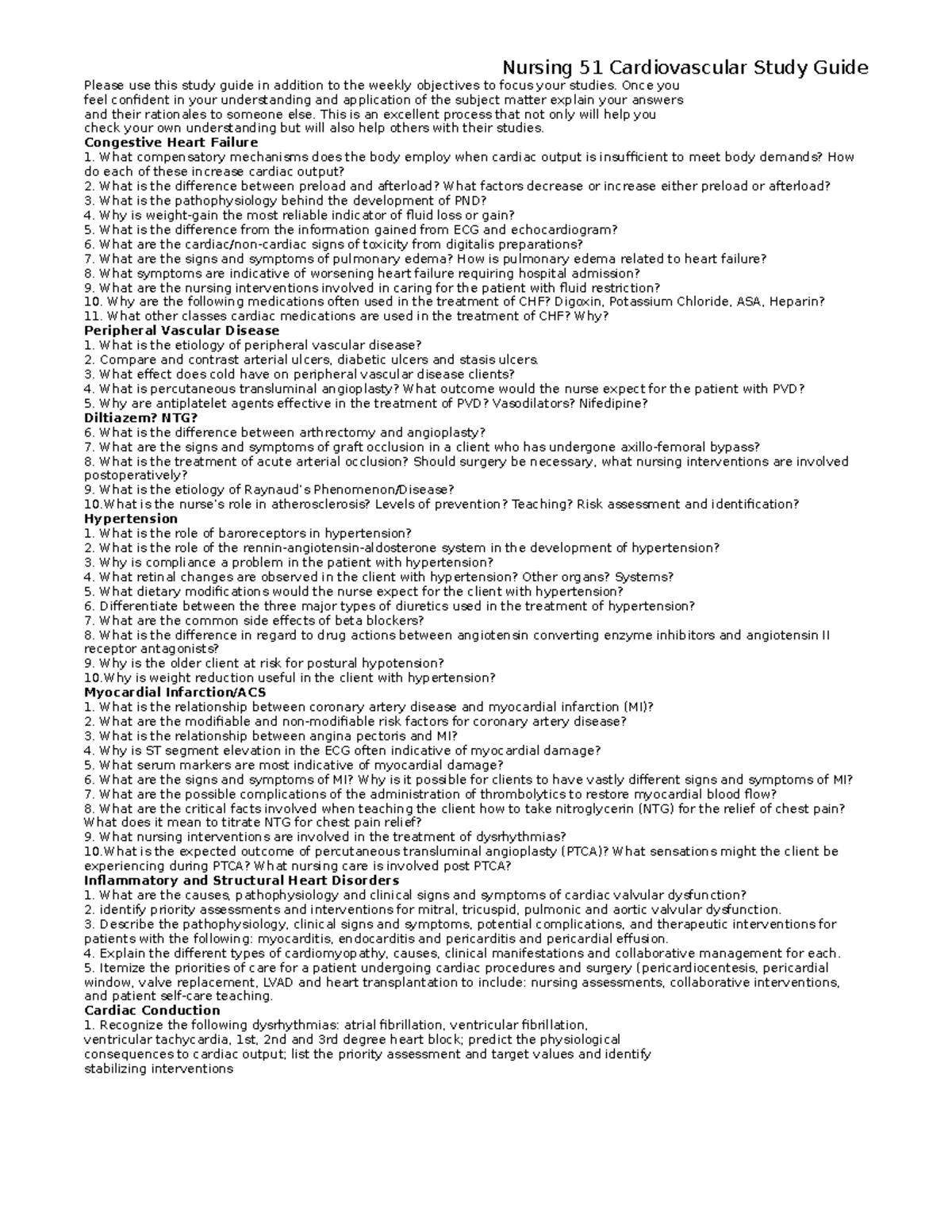 Nursing 51 Cardiovascular Study Guide - Once you feel confident in your ...