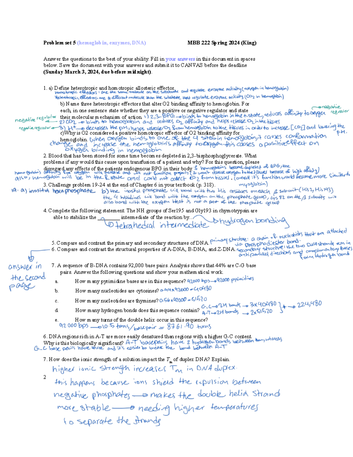 Ps5 - Problem set 5 - Problem set 5 (hemoglobin, enzymes, DNA) MBB 222 ...