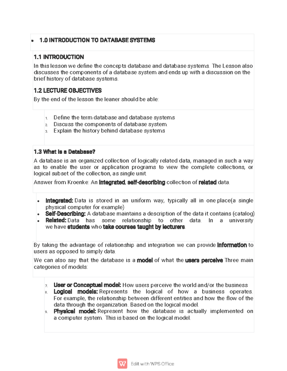 ISC 305 Module - Database management systems - 1. 0 INTRODUCTIONTODATABASESYSTEMS 1. 1 - Studocu