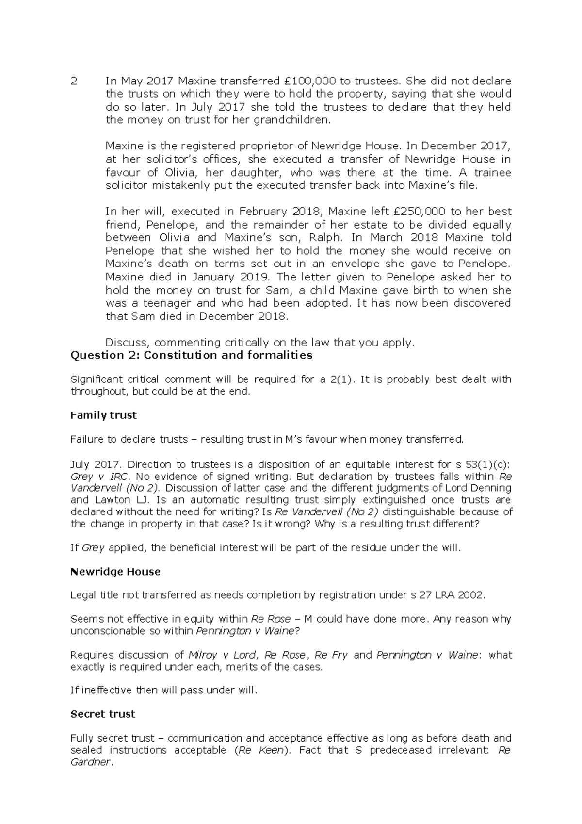 Trusts Exam 2018-19 - Problem question on constitution and formalities ...