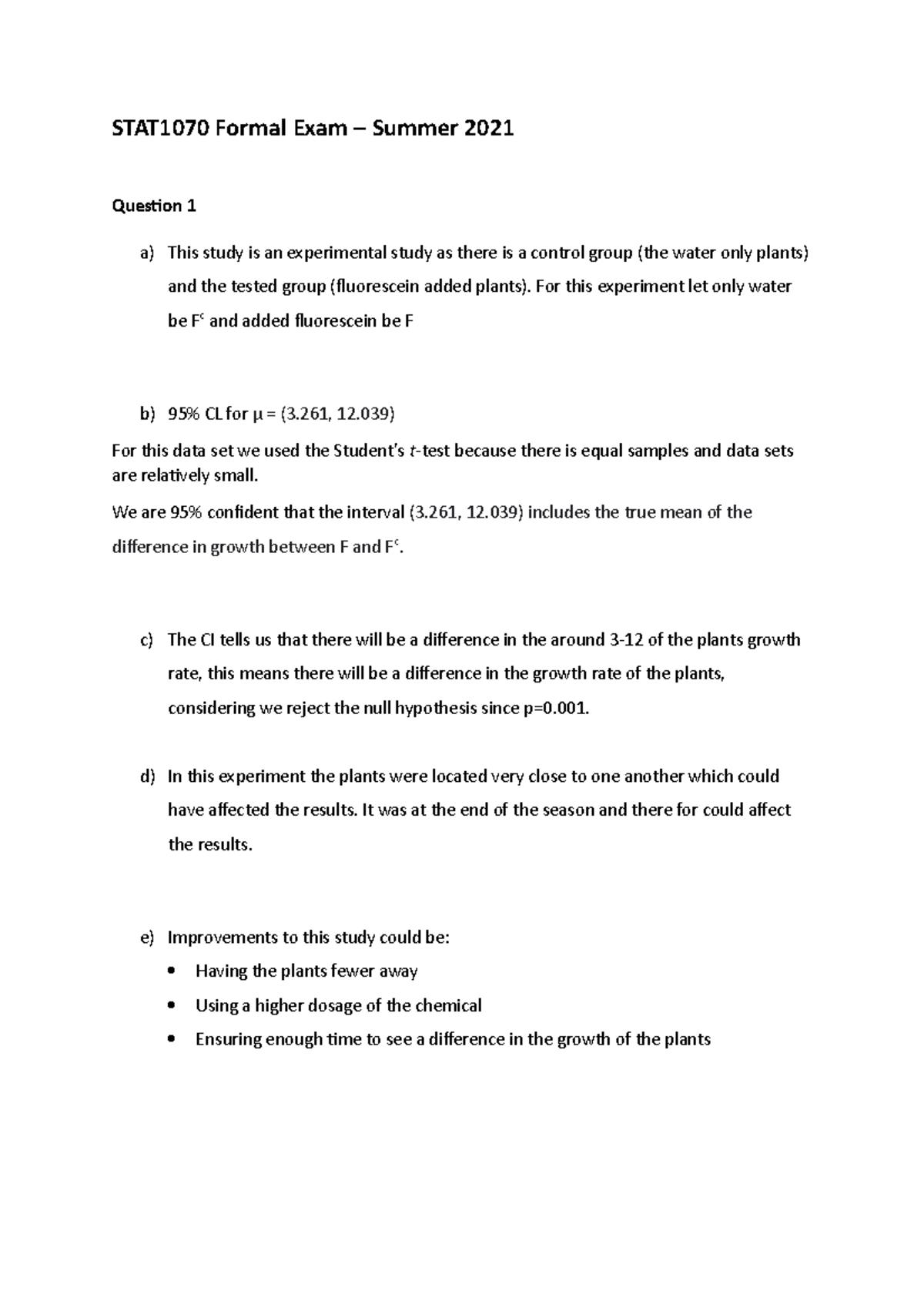 STAT1070 Formal Exam - Summer Course: Final online exam - STAT1070 ...