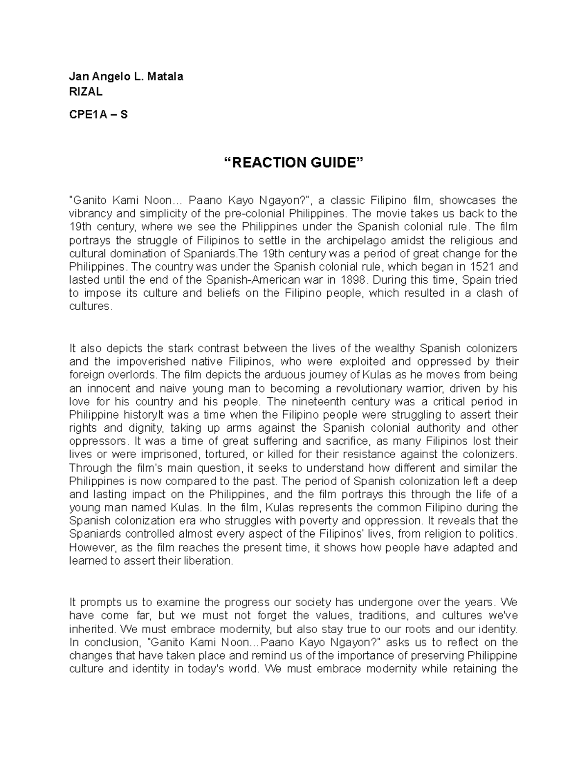 Jan Angelo L. Matala Rizal Reaction Guide - Jan Angelo L. Matala RIZAL ...